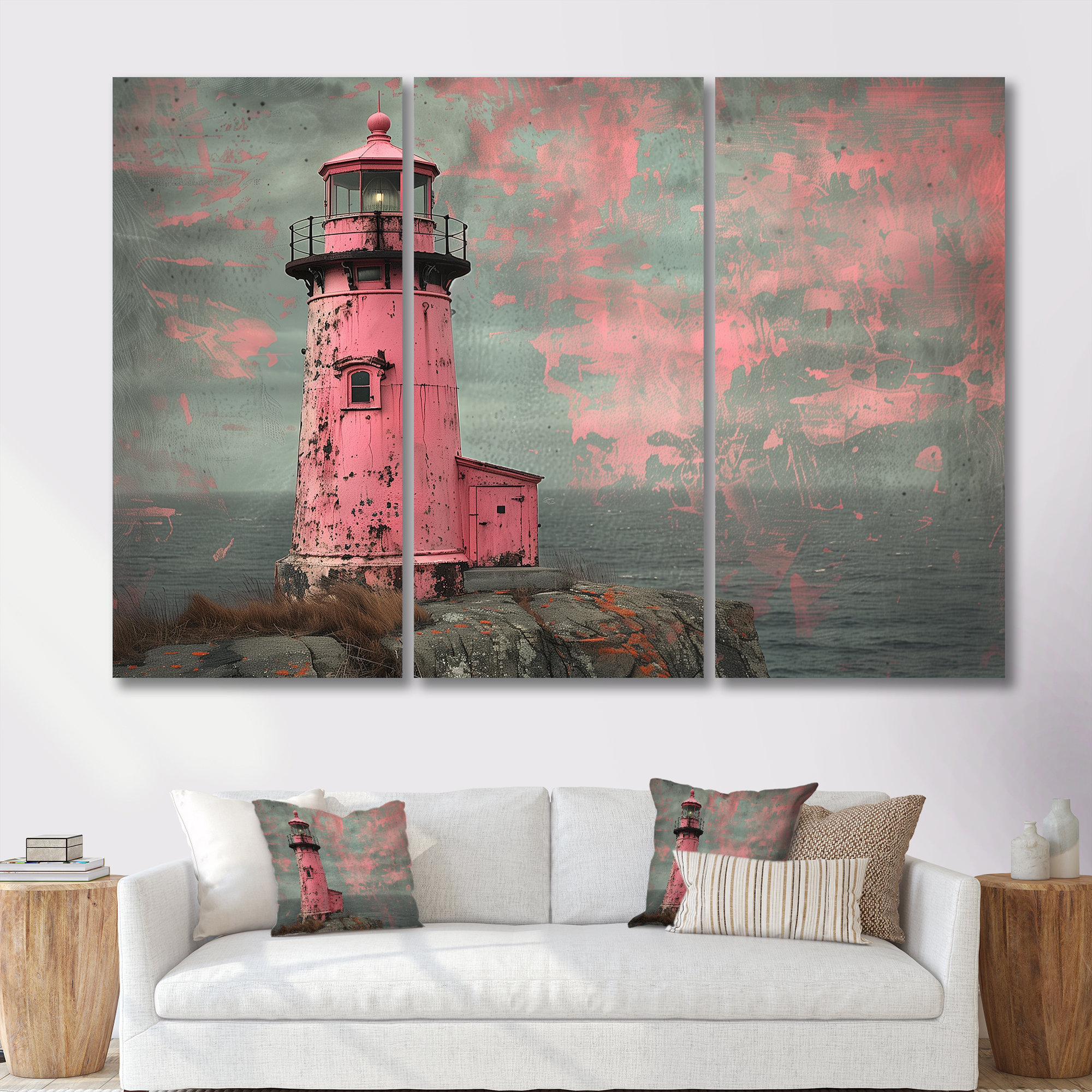 Design Art Pink Grey Vintage Lighthouse Cliff - Lighthouses Wall Art ...