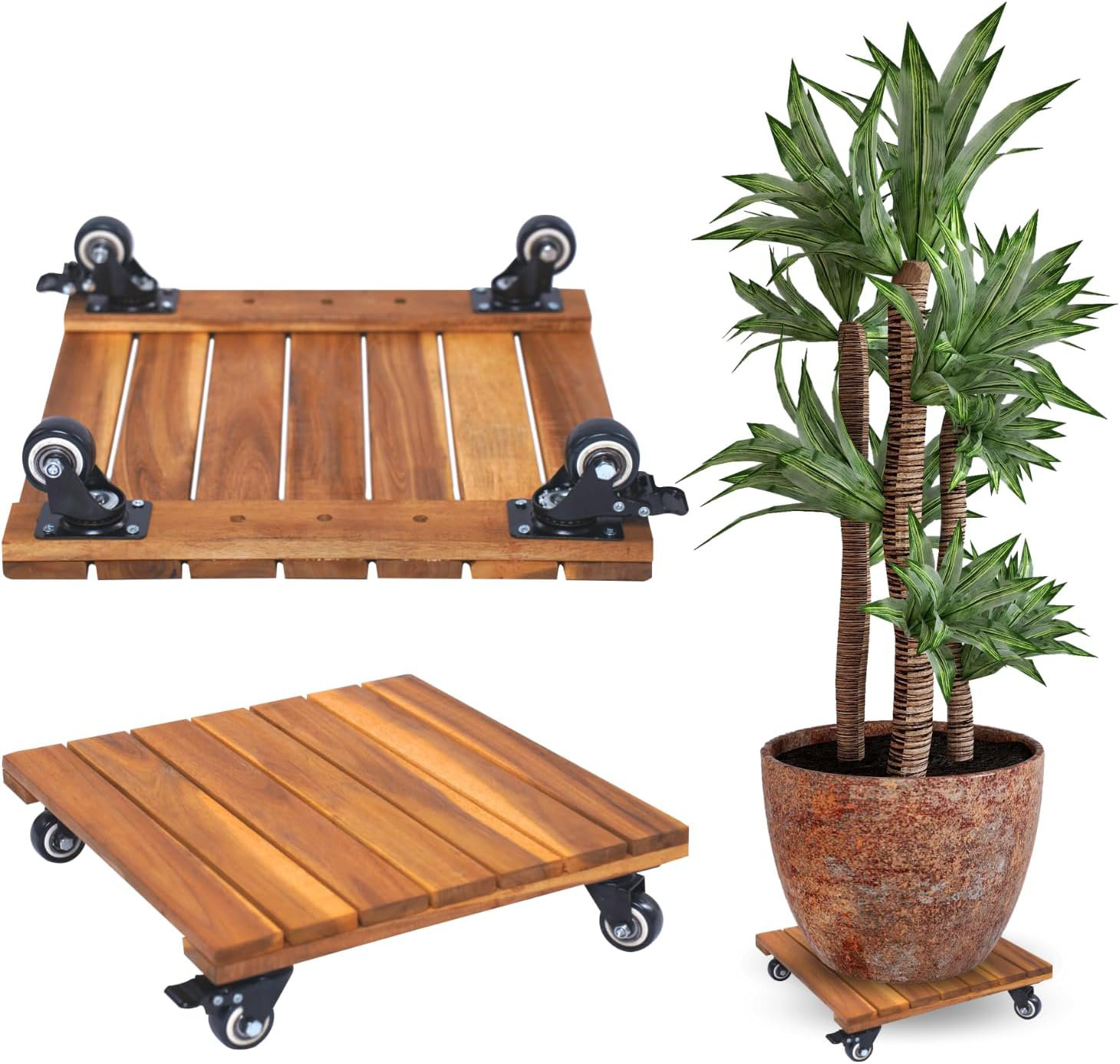 Symple Stuff 2Pcs Wood Plant Caddy With Wheels 14 Inches, Heavy Duty ...