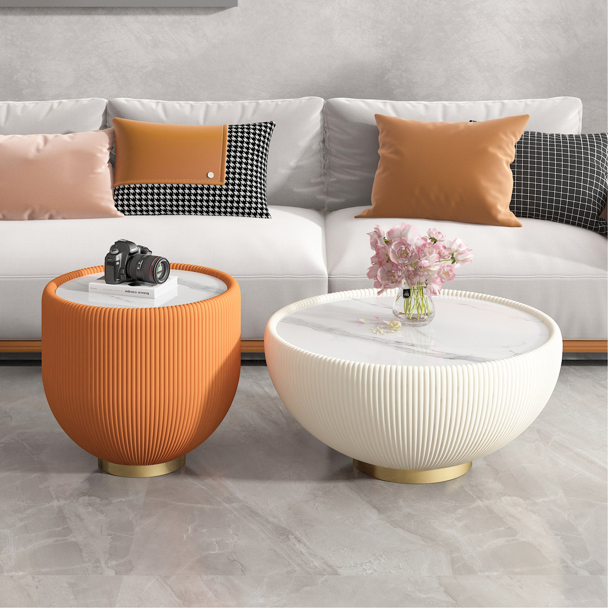 Wrought Studio™ Modern Round Marble Pattern Tabletop Leather Edge Sofa ...