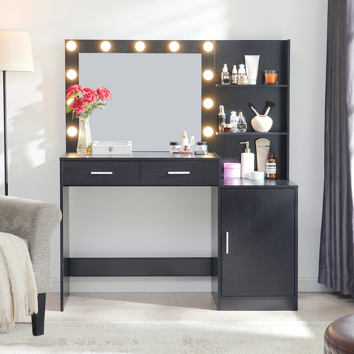 Ivy Bronx Nickisha Vanity Desk with Mirror and sDressing Table with 2 ...