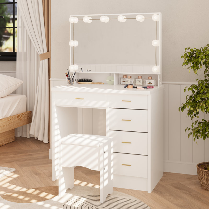 Ebern Designs Sandroyd Makeup Desk With Mirror And Lights | Wayfair