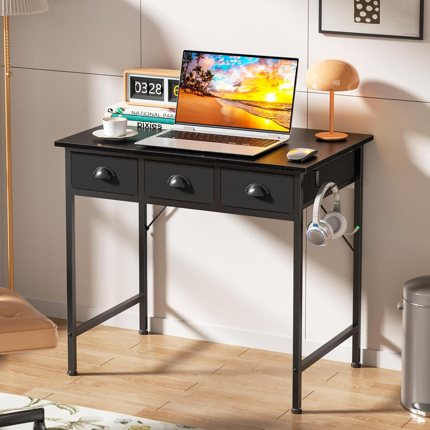 17 Stories 32" Small White Computer Desk With 3 Fabric Drawers, Home ...