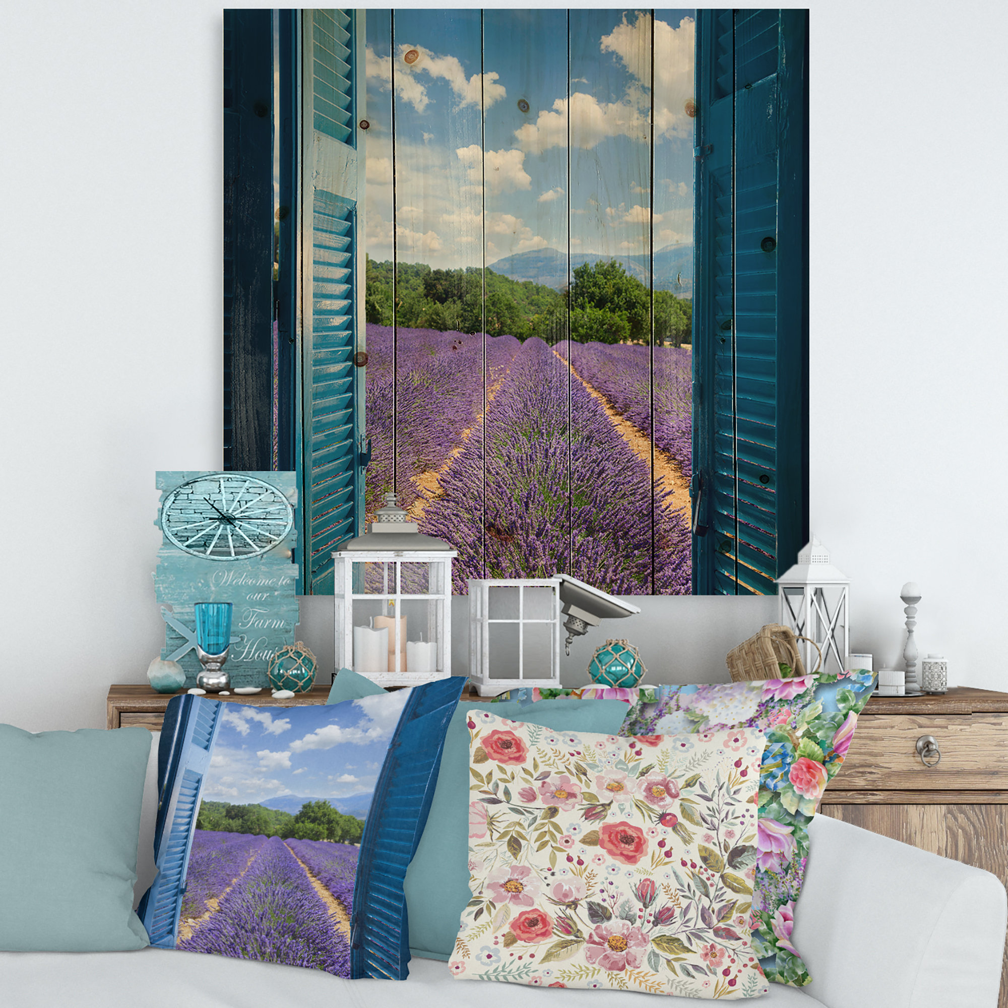 East Urban Home Lavender Field Through Blue Open Cottage Window ...
