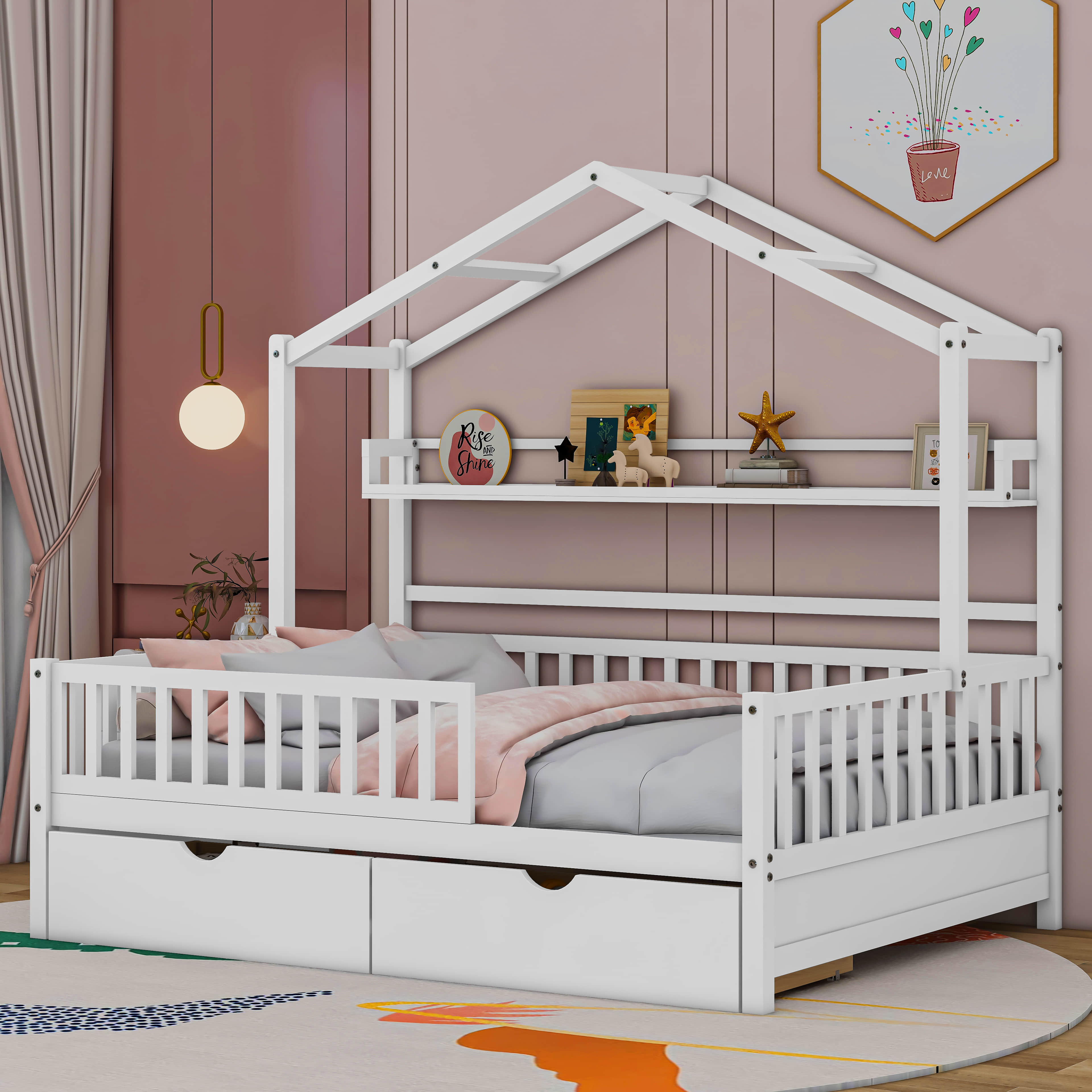 Gracie Oaks Zaney Wooden House Bed with 2 Drawers & Storage Shelf ...