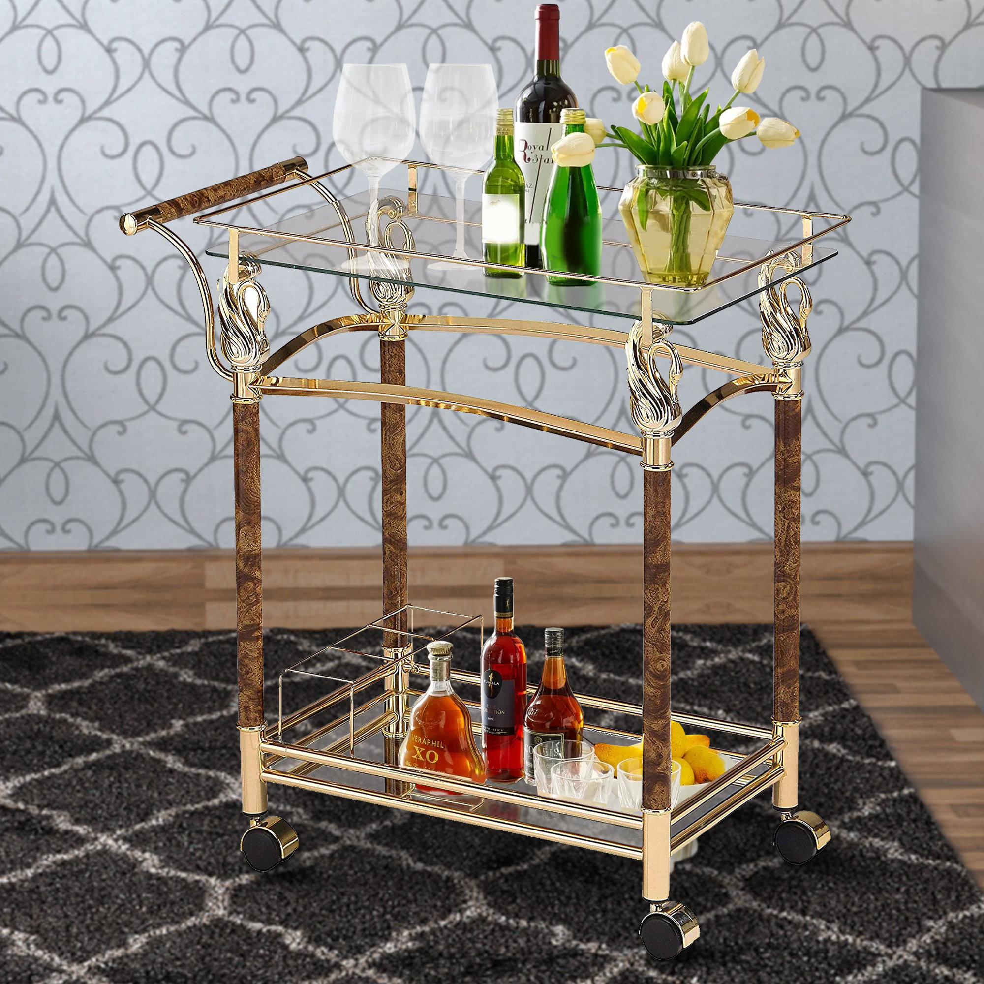 House of Hampton® Riggle Rectangular Serving Bar Cart in Gold Plated ...