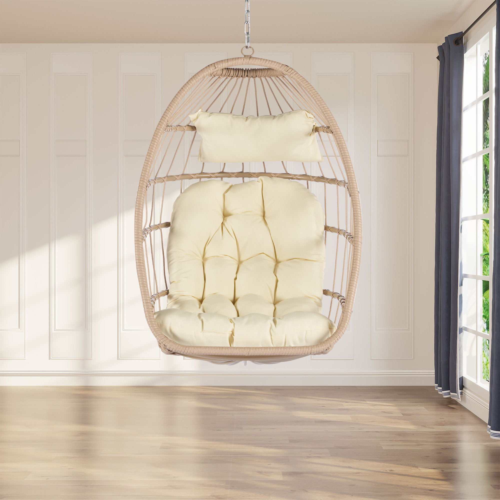 Dakota Fields Alec Outdoor Rattan Egg Swing Chair with Wooden Frame ...