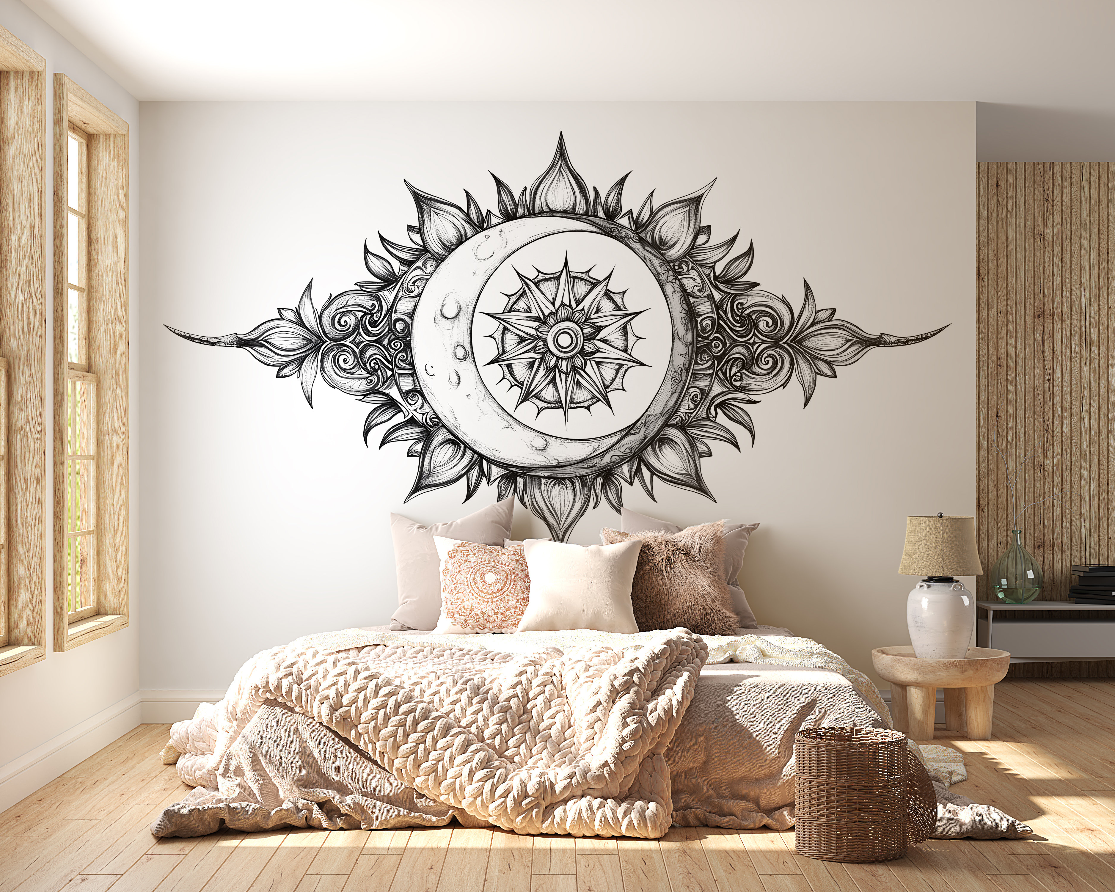 Trinx Celestial Moon Compass Wall Mural Boho Line Art Bedroom Decor ...