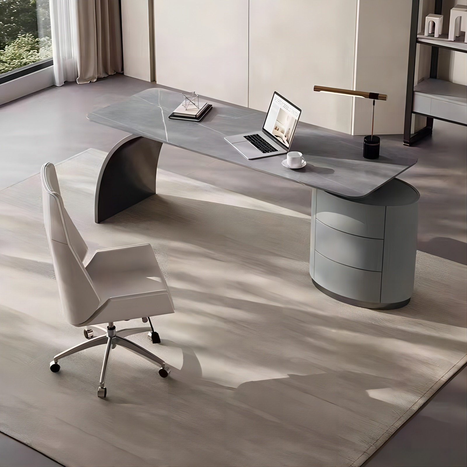 DECADANZ Grey Rectangular Sintered Stone Writing Desk,3-drawer ...