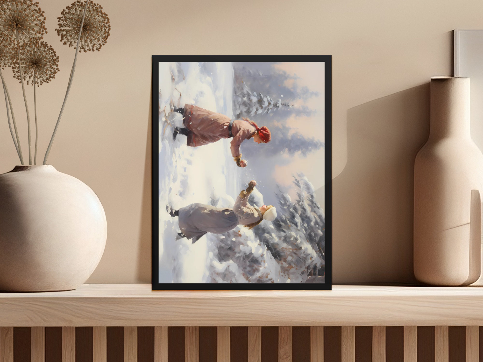 Lark Manor Winter Snow Fight Artistic Rendition for Wall Display Framed ...