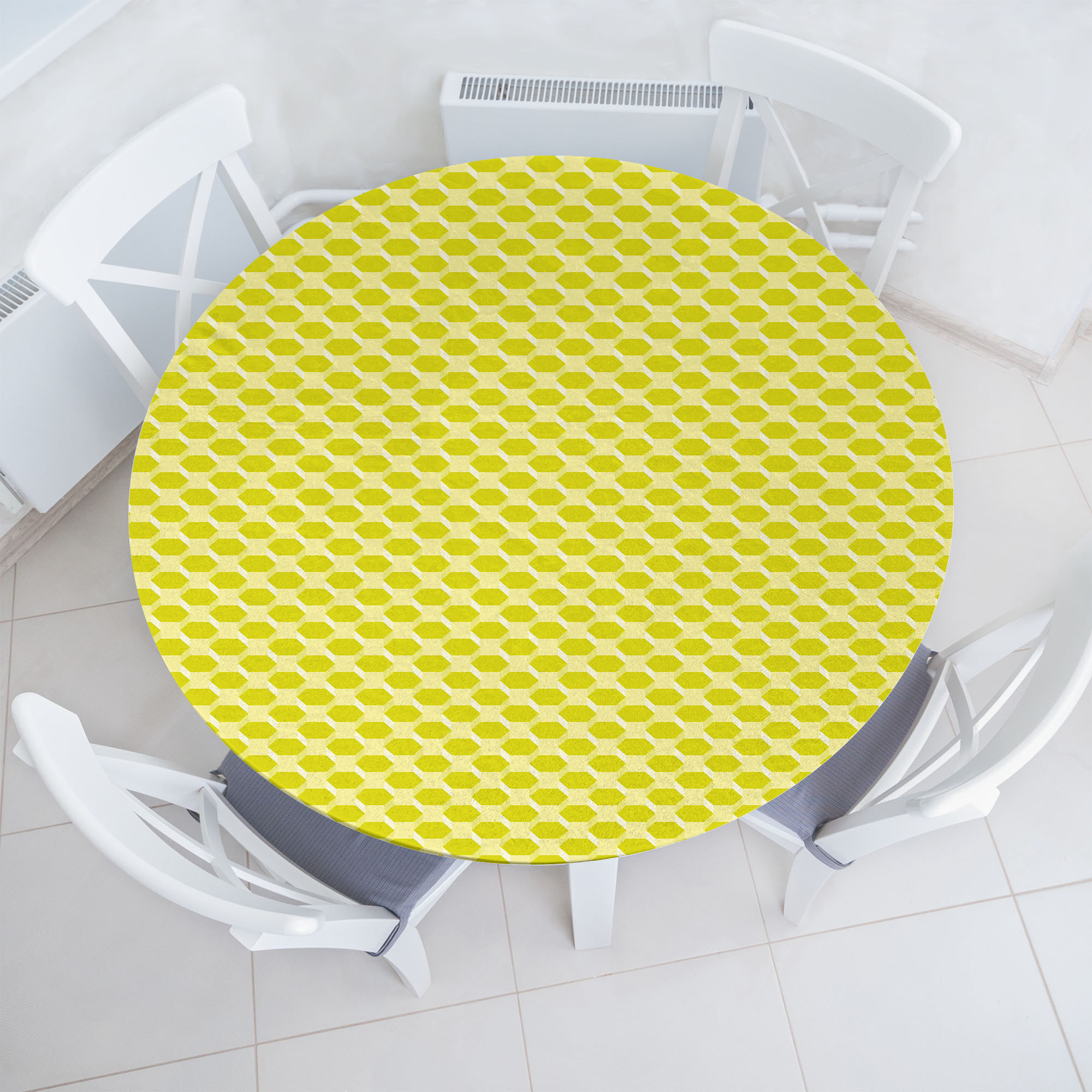 Gracie Oaks Polygons Fitted Round Tablecloth Cream Yellow Green | Wayfair