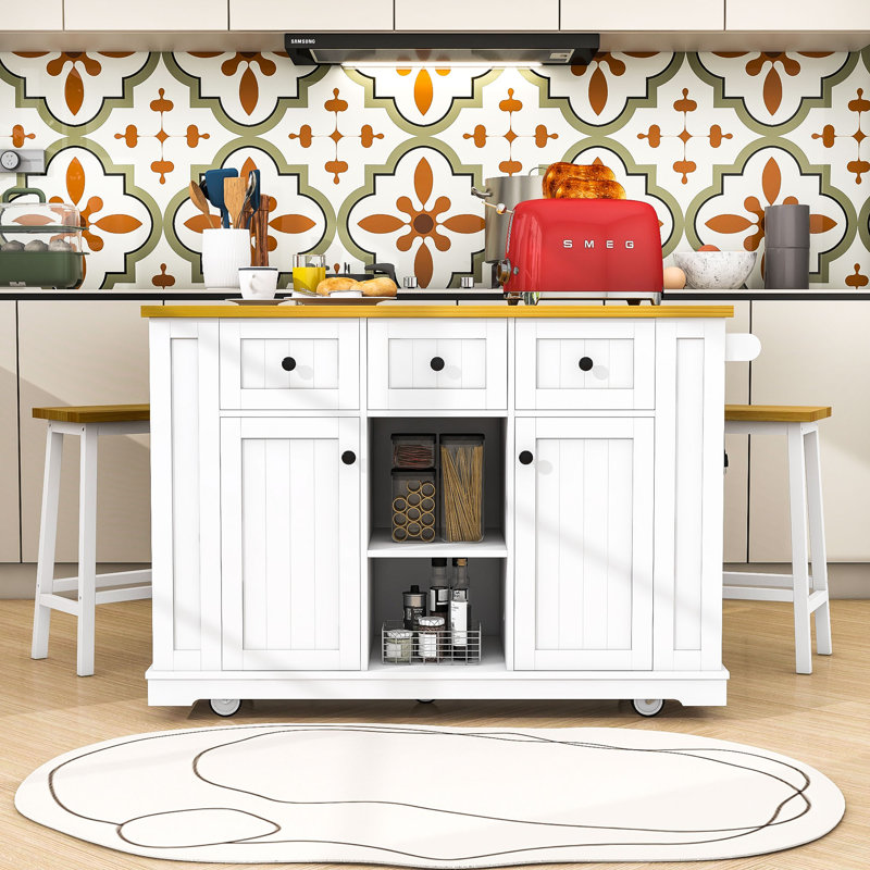 Lark Manor™ Kitchen Island Set with 2 Bar Stools, Integrated Power ...