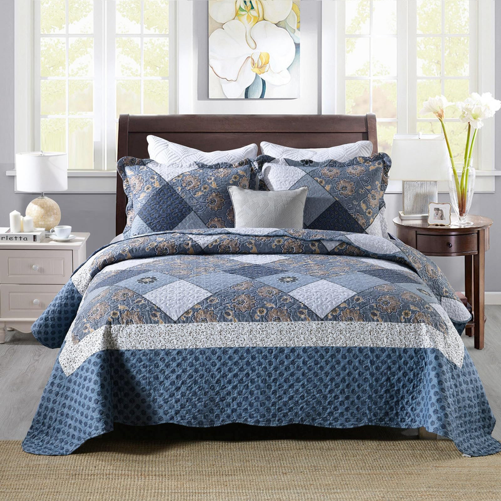 ENDROM California King Navy Quilt Set 128"X120" - 3Pc Plaid Floral ...