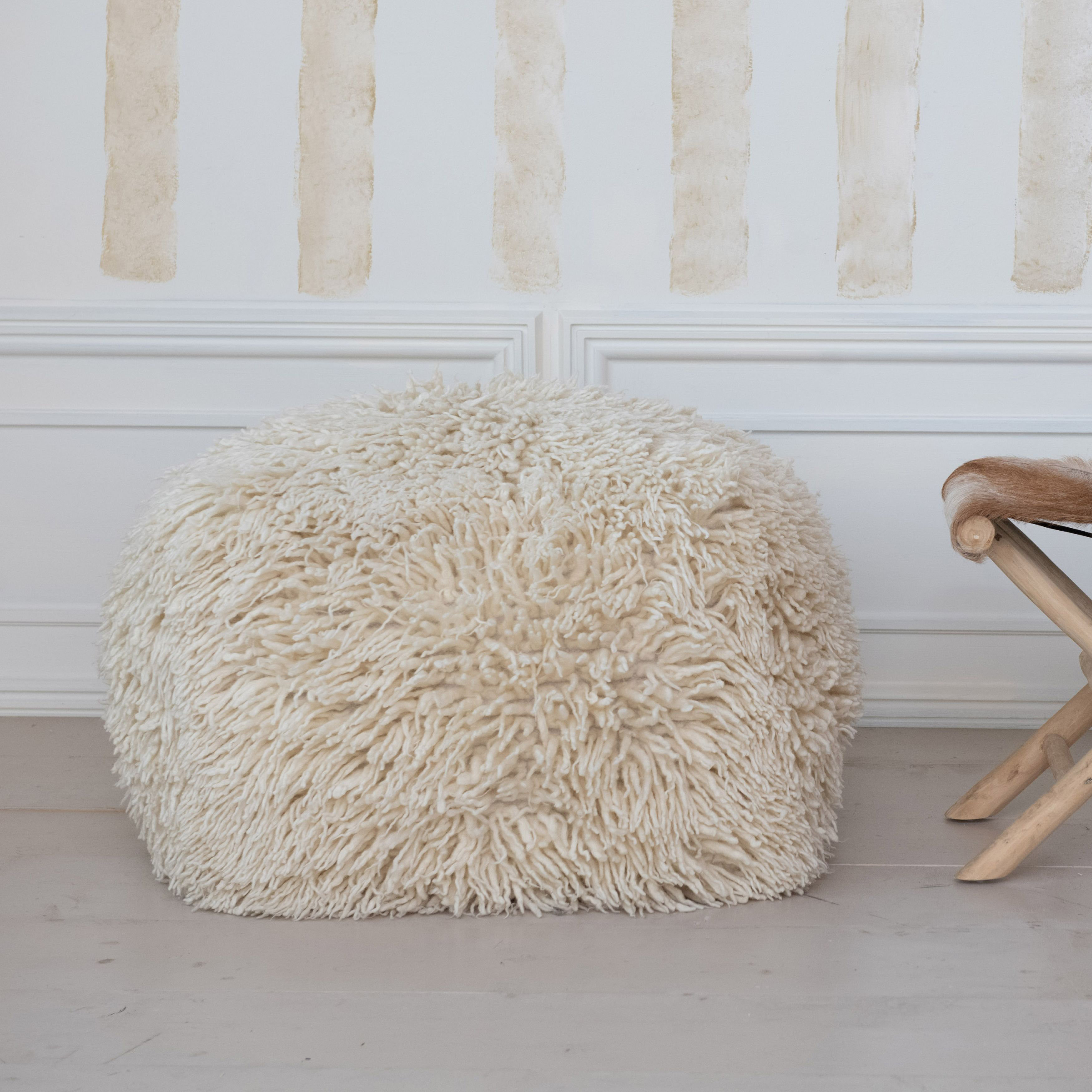 Everly Quinn Woven New Zealand Wool Shag And Cotton Pouf | Wayfair