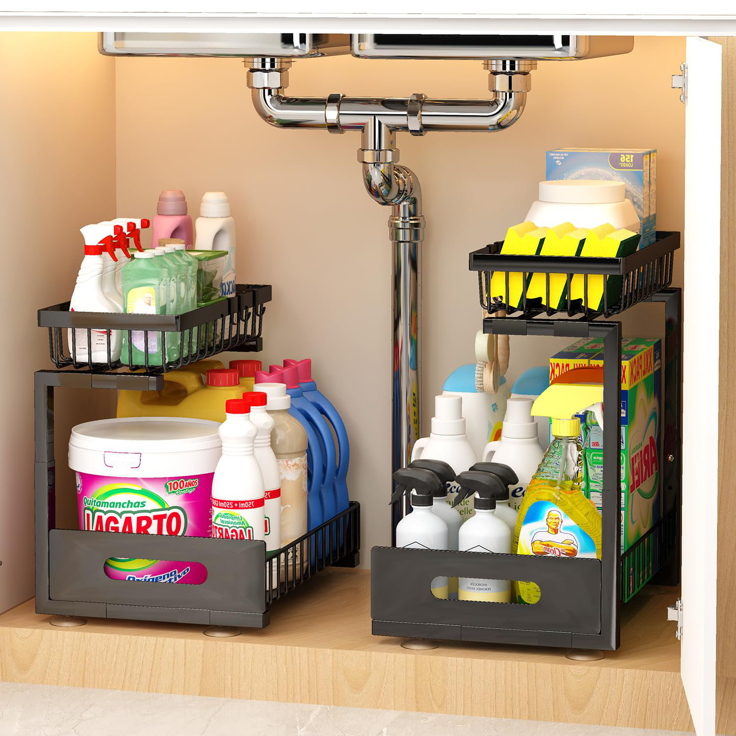 XIXIXIANGRONGAA Under Sink Organizer, Adjustable Shelves, 2 Pack Pull ...