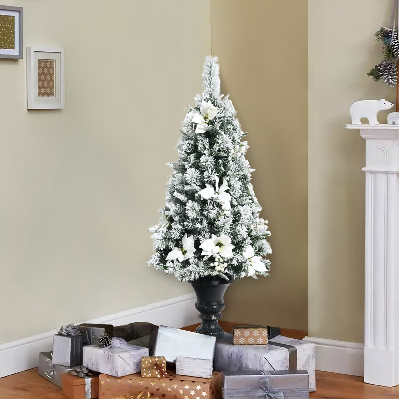 The Holiday Aisle® 4 Ft. Pre-Lit Flocked PVC Potted Entrance Artificial ...