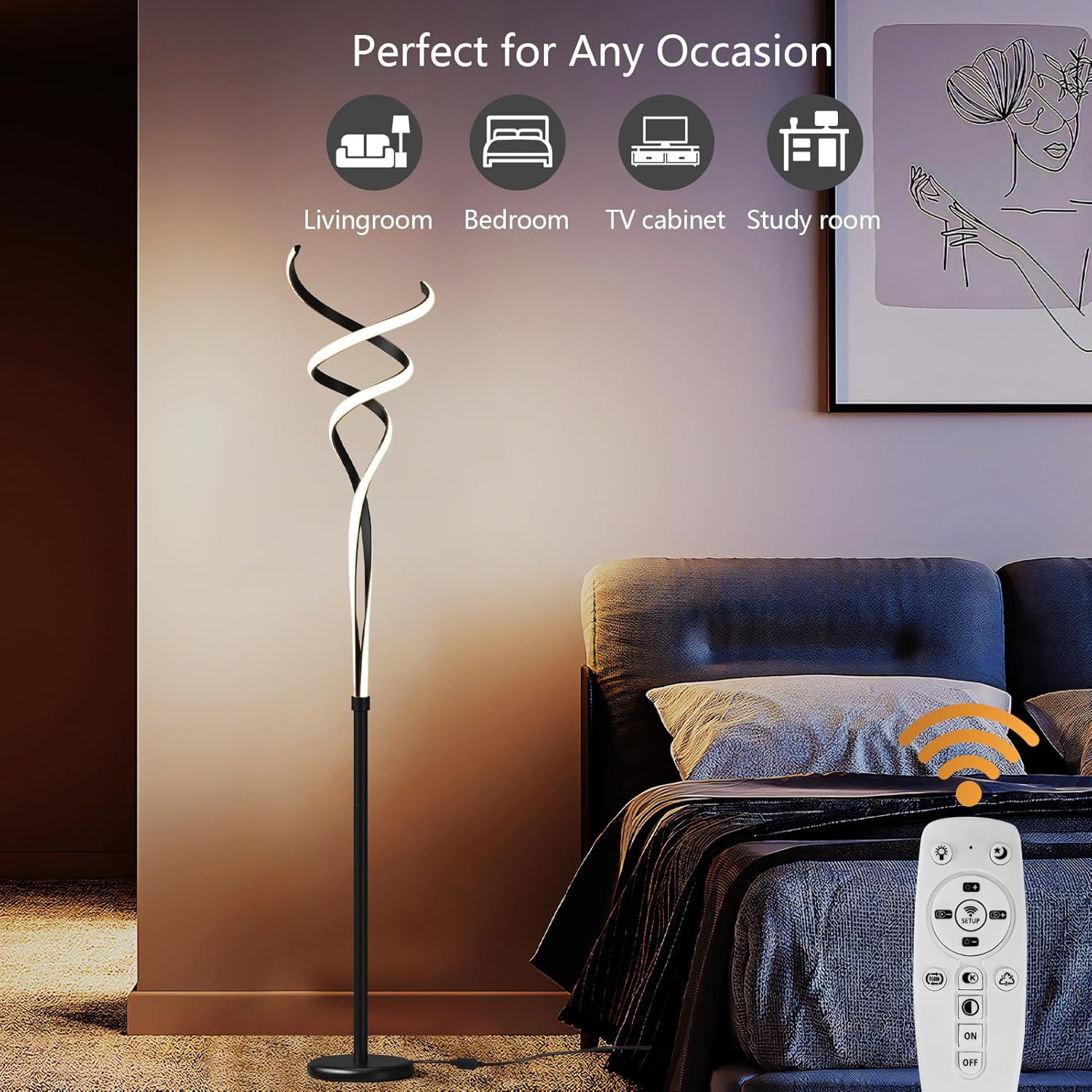 Orren Ellis 63-Inch Modern LED Spiral Floor Lamp With Remote, 48W ...