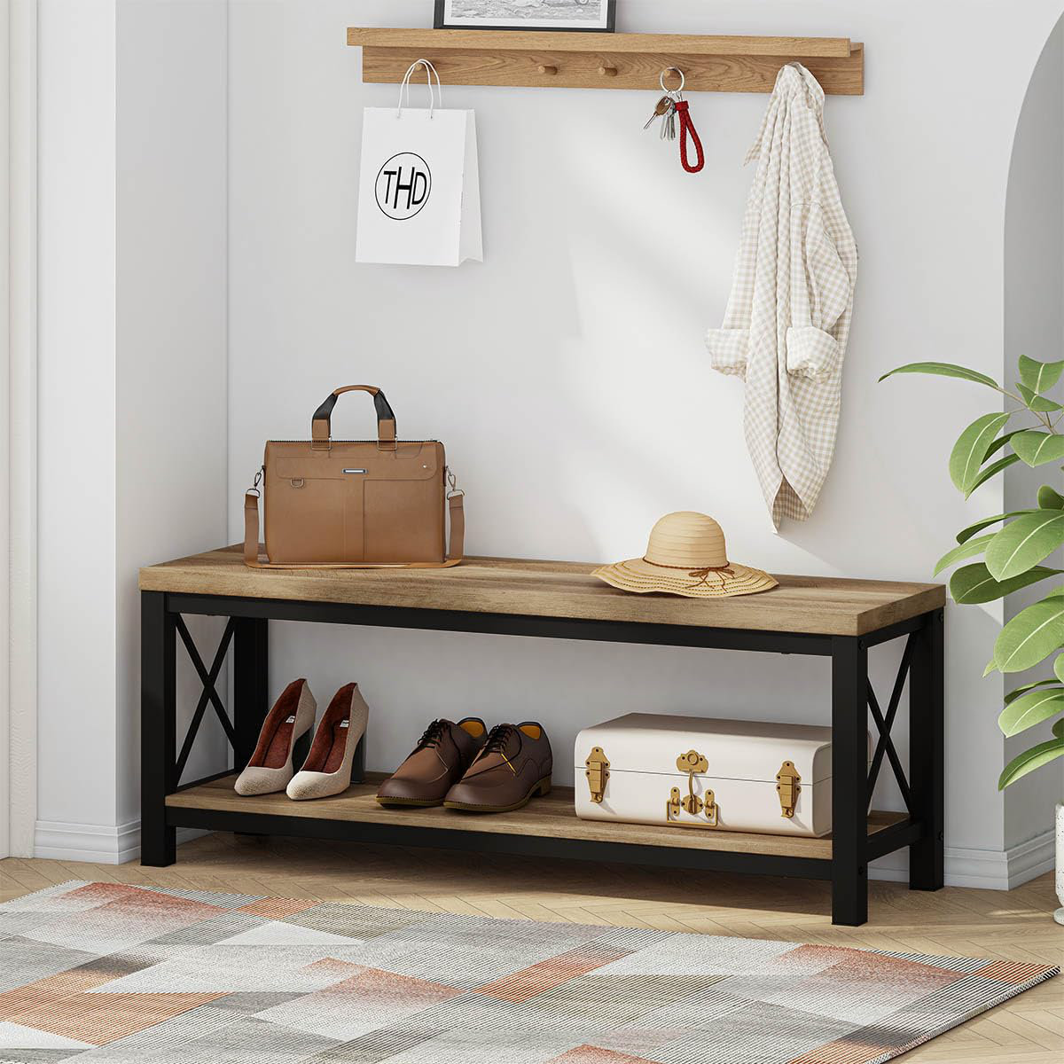 Gracie Oaks Farmhouse Wood Metal Entry Storage Bench, Rustic Shoe Bench ...