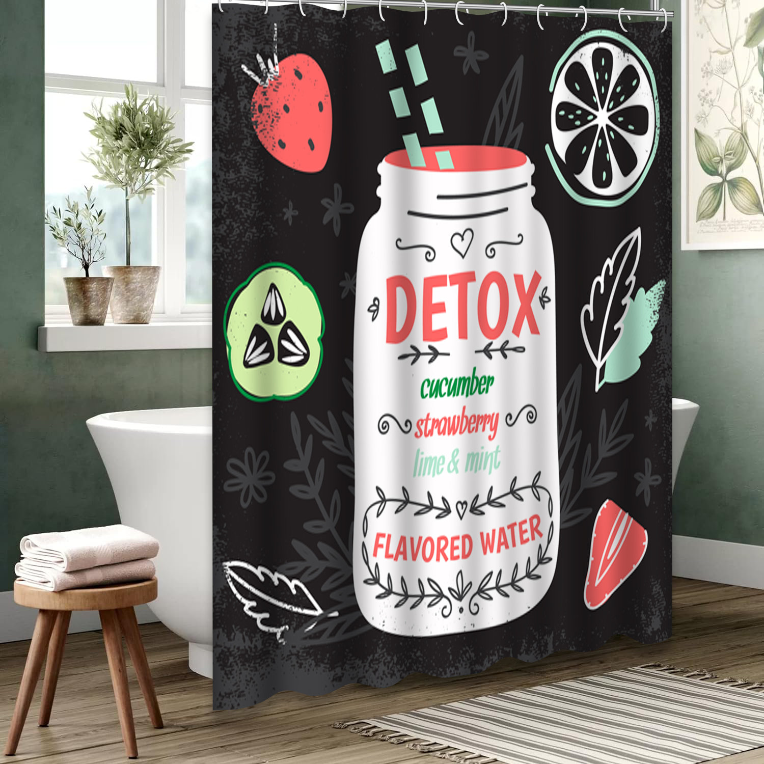 East Urban Home Water Waterproof Shower Curtain,Decorative Doodle Style with Mason Jar and Fruit ...