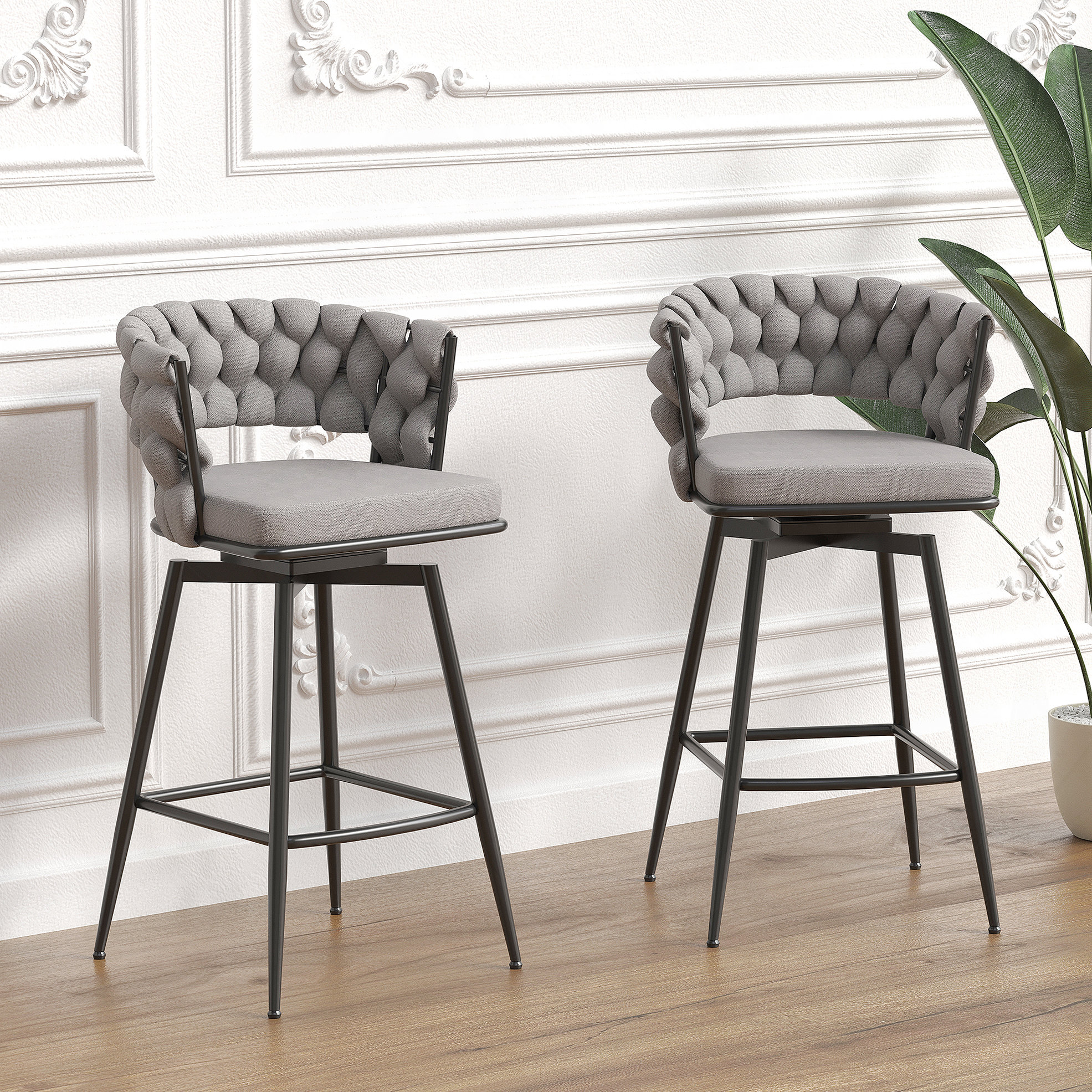 Corrigan Studio® 28" Bar Chair Linen Woven Bar Stool Set of 2,Black ...