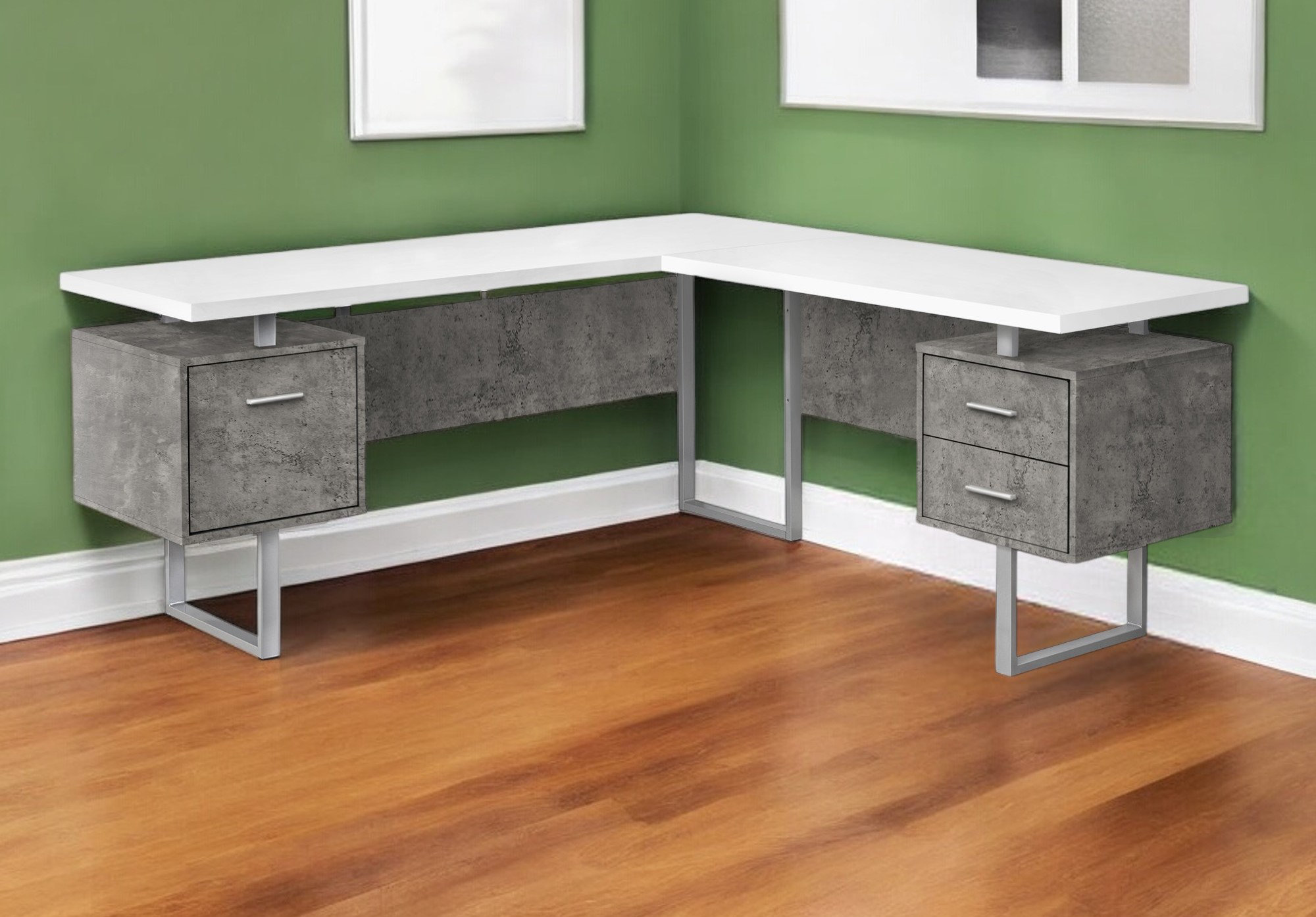 HomeRoots 71" White and Gray L Shape Computer Desk With Three Drawers ...