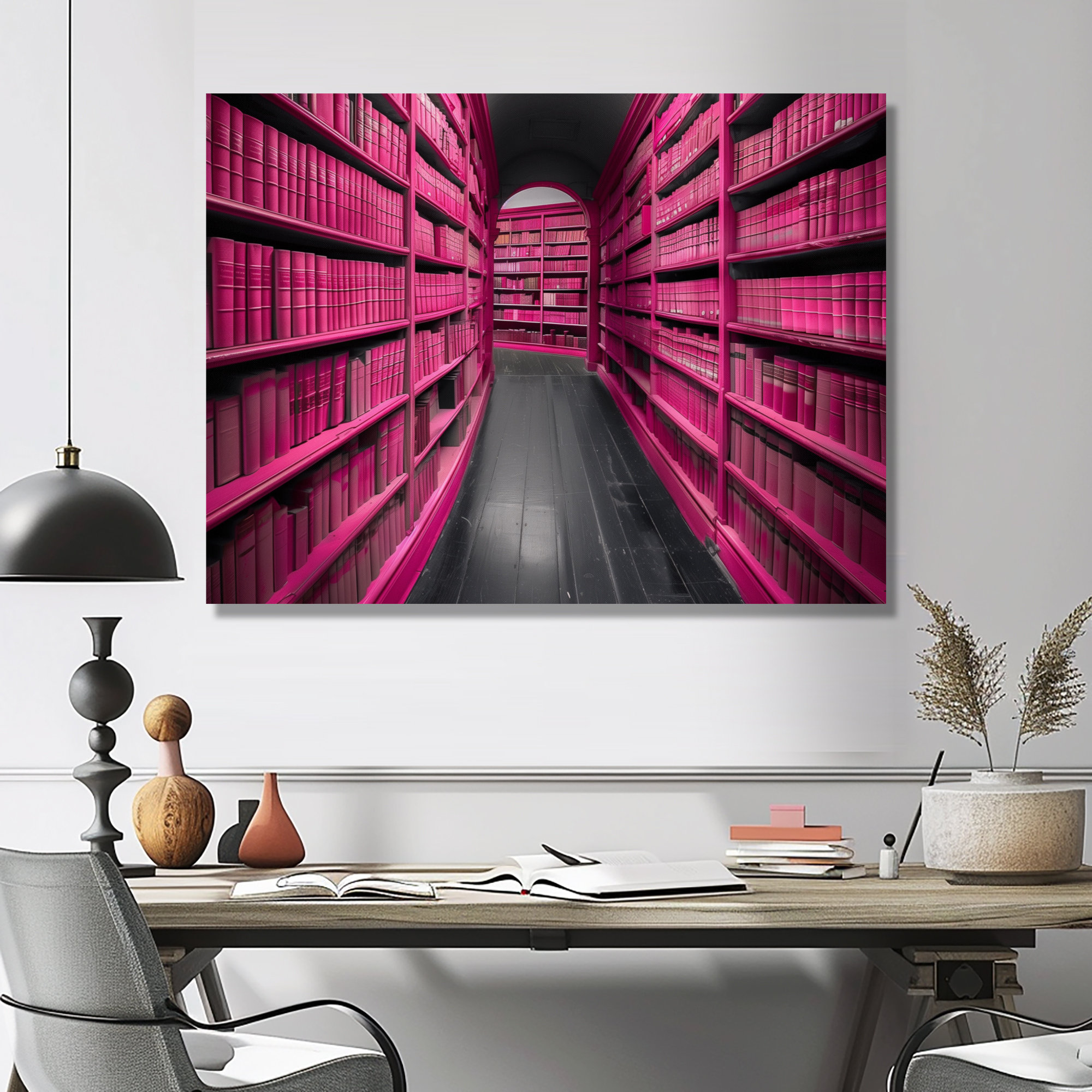 Ebern Designs Pink Grey Library Bookshelf Perspective I - Libraries ...