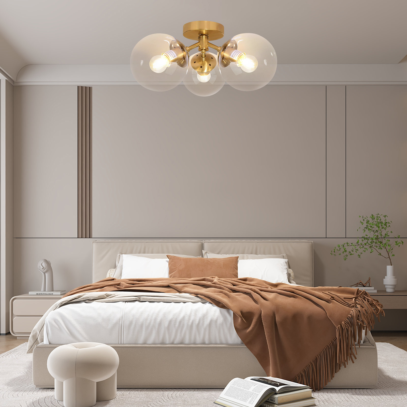 Everly Quinn Modern Semi-Recessed Ceiling Lamp, Spherical Glass Shade ...