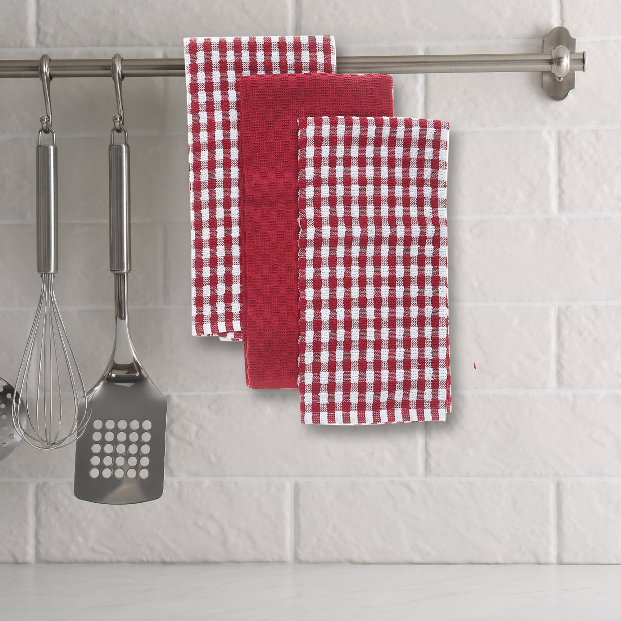 The Holiday Aisle® 3 Pack Red Checkered Terry Kitchen Towels | Wayfair