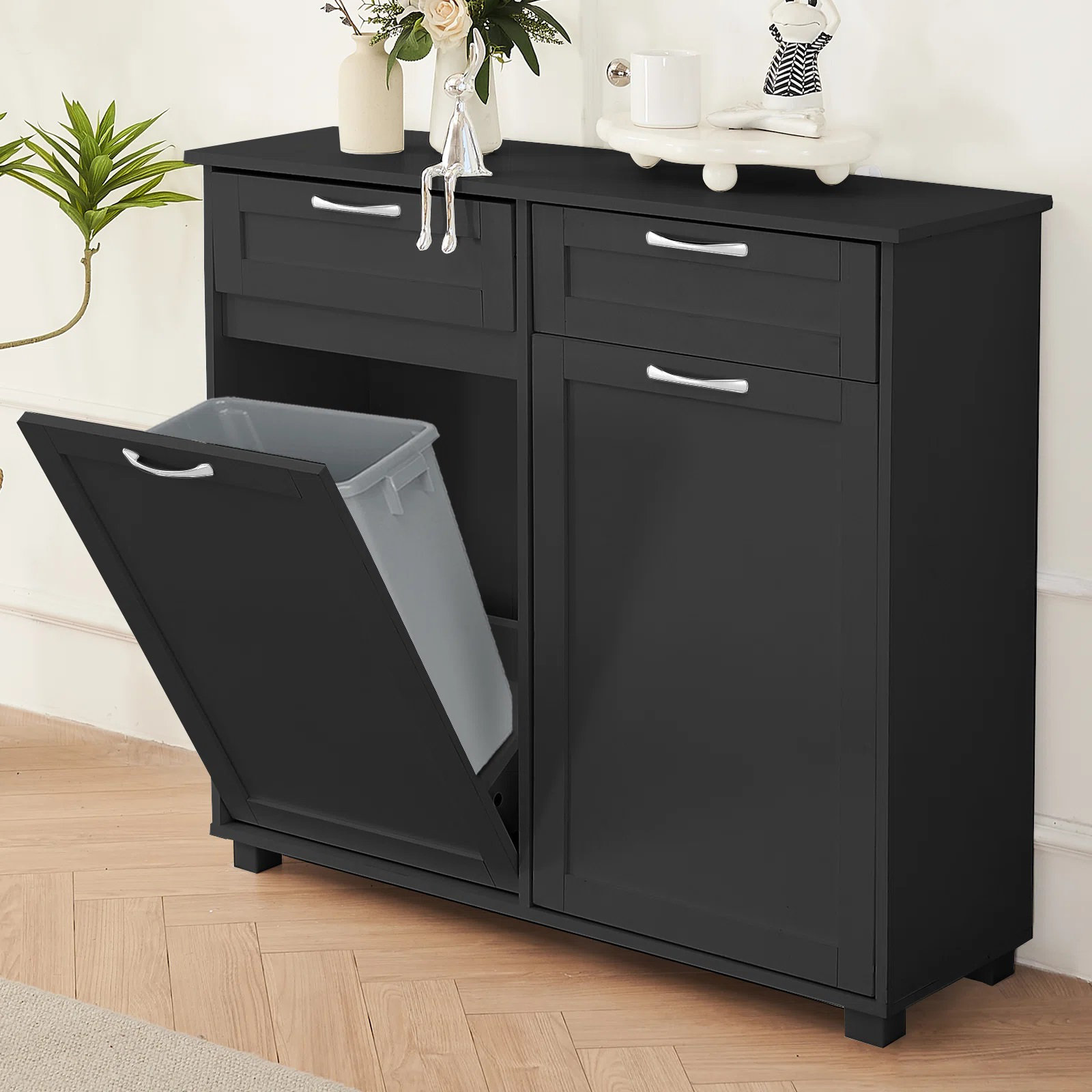 linor 20 Gallon Wood Kitchen Trash Can Cabinet With 2 Drawers & Reviews ...
