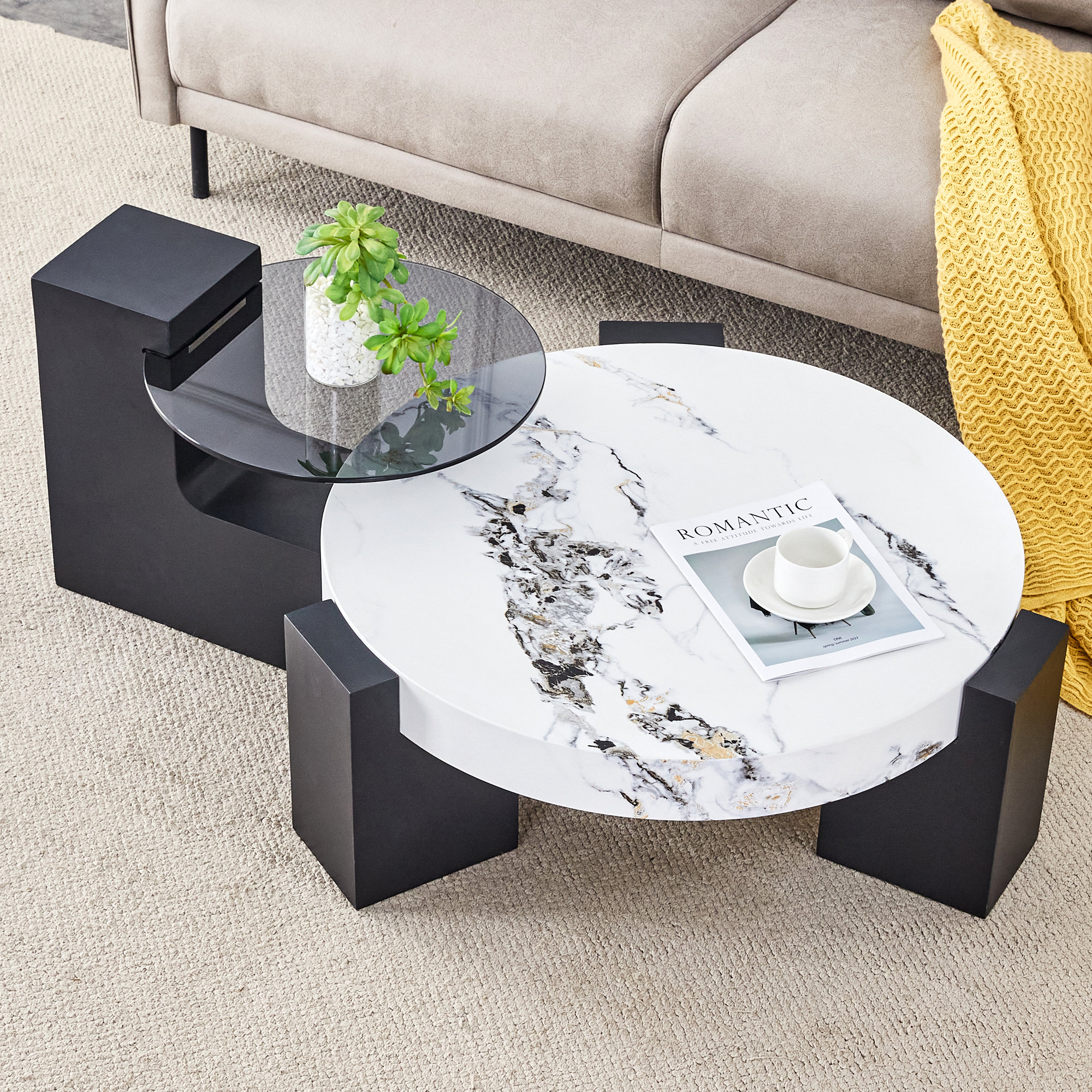 Ivy Bronx Modern Simple Double-Layer Round Coffee Table - Transparent ...