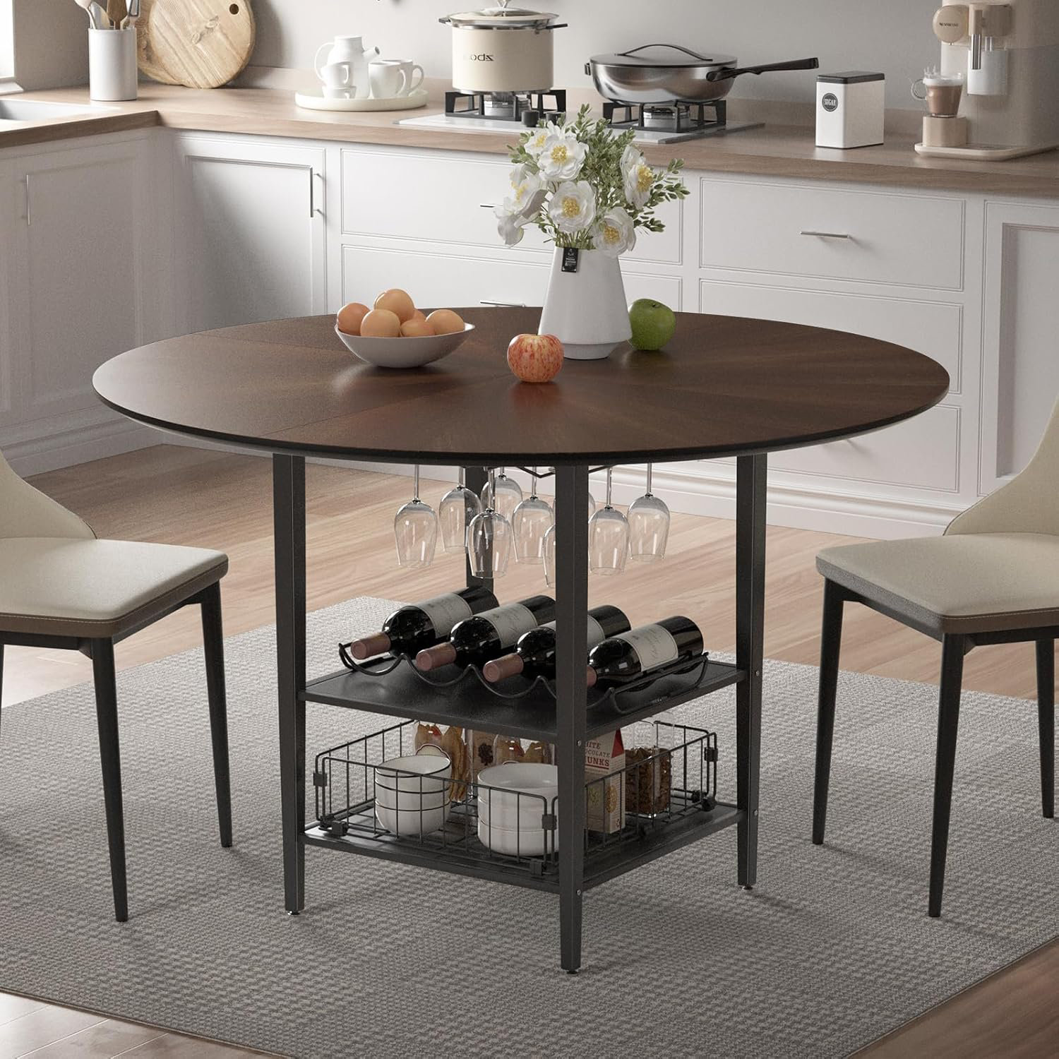 George Oliver 47" Round Walnut Dining Table Set, 5-Piece Modern Kitchen ...