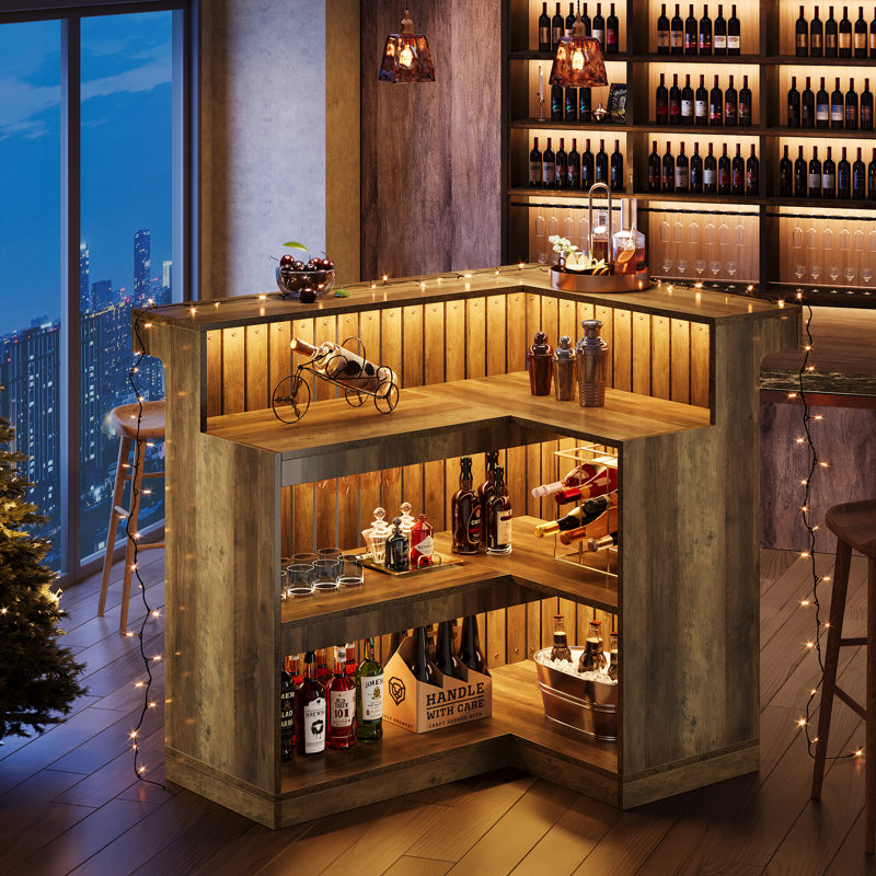 Millwood Pines Home Corner Bar Cabinet,L-Shaped Liquor Bar Table | Wayfair