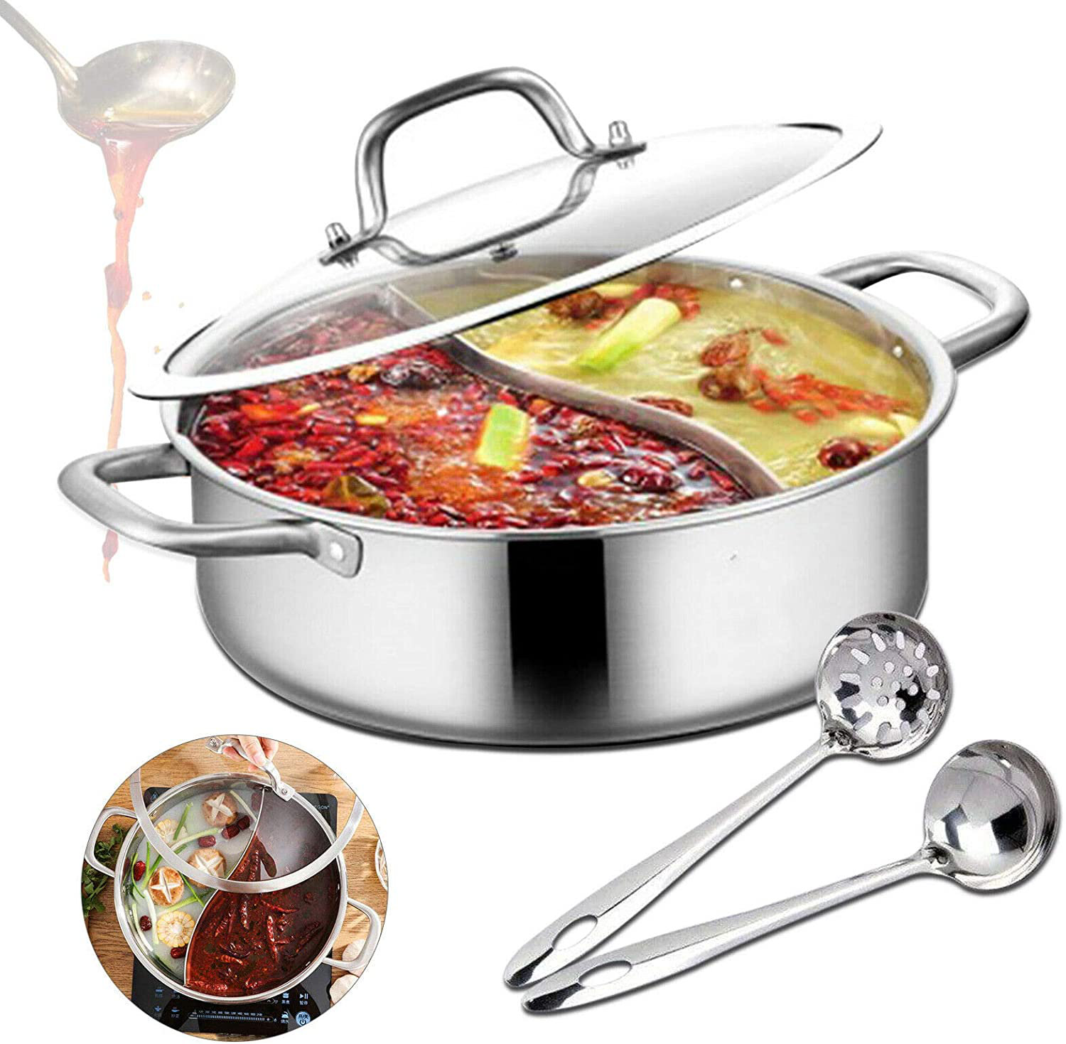YXSUN 304 Food Grade Stainless Steel Double-Flavoured Hot Pot Cooking ...