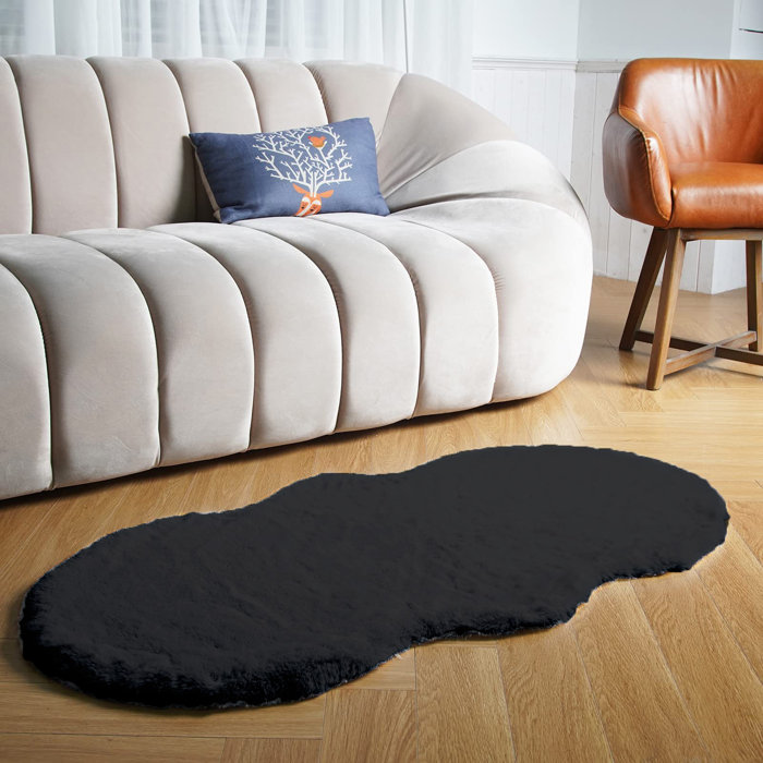 HERVEY Black Novelty Faux Rabbit Fur Rug Luxury Soft Thicken Faux Fur ...