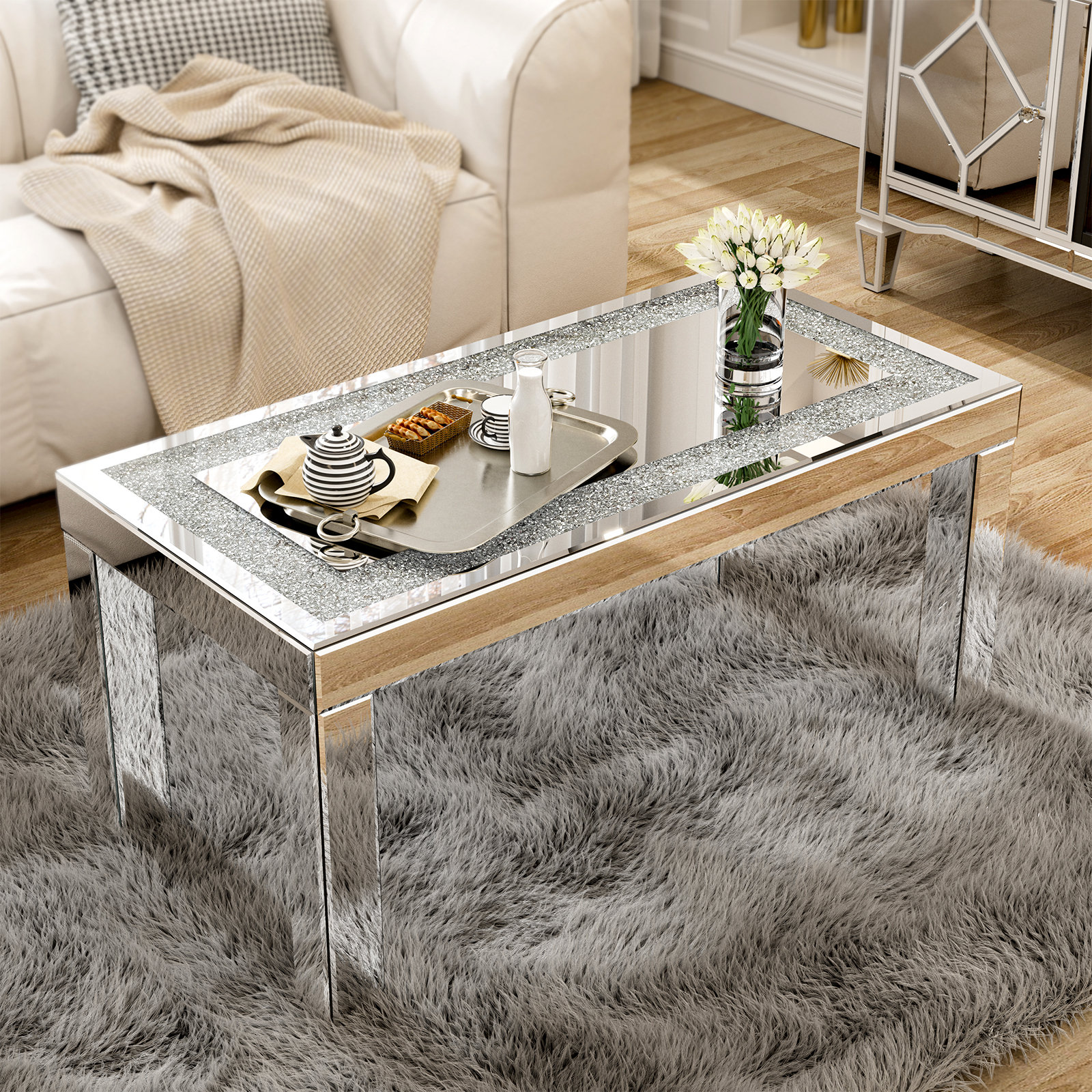 Mercer41 Merrissa Mirrored Coffee Table with Mirror Crystal Board | Wayfair