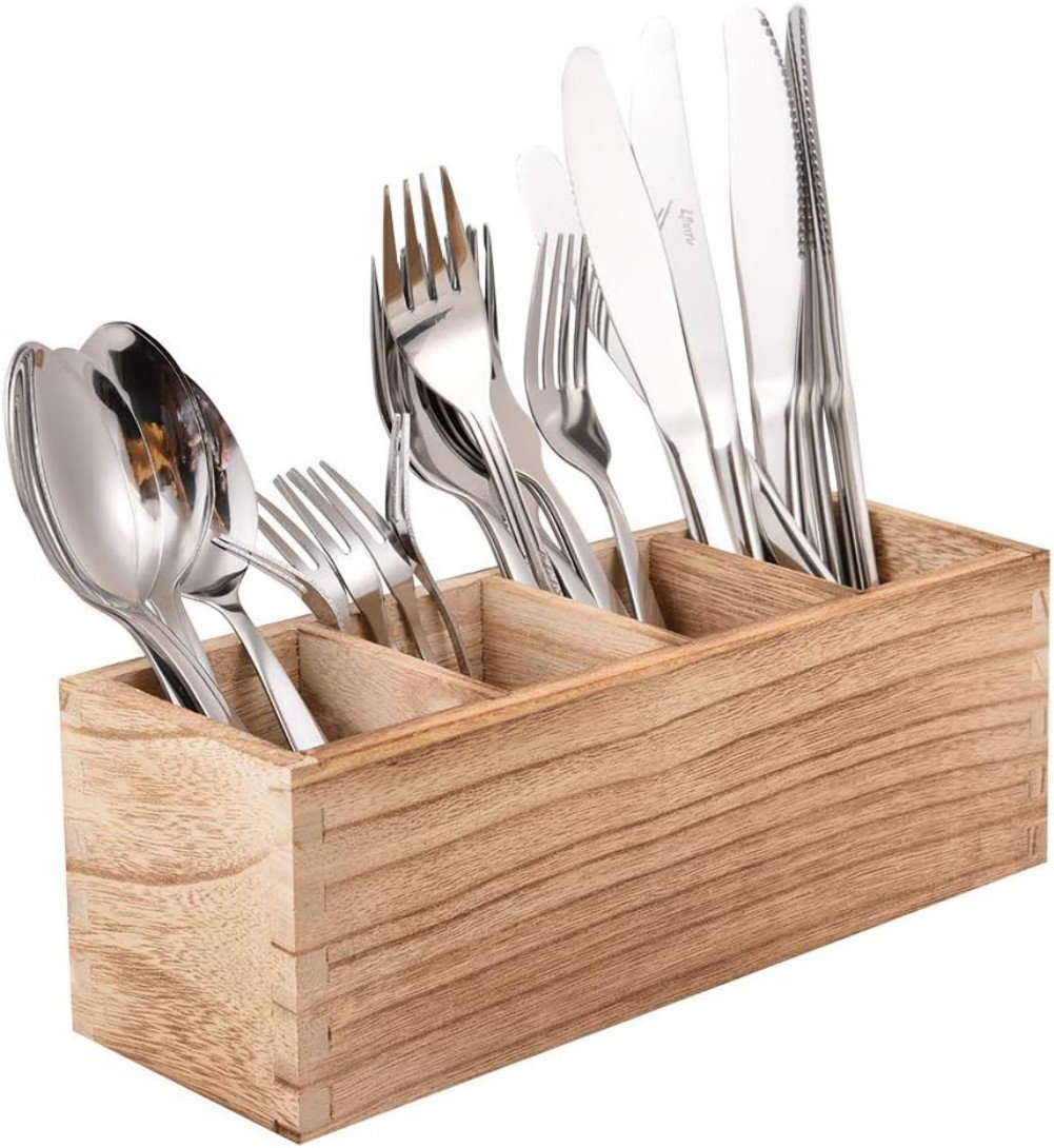 Loon Peak® Wood Cutlery Caddy, Kitchen Utensil Organizer With 4 ...