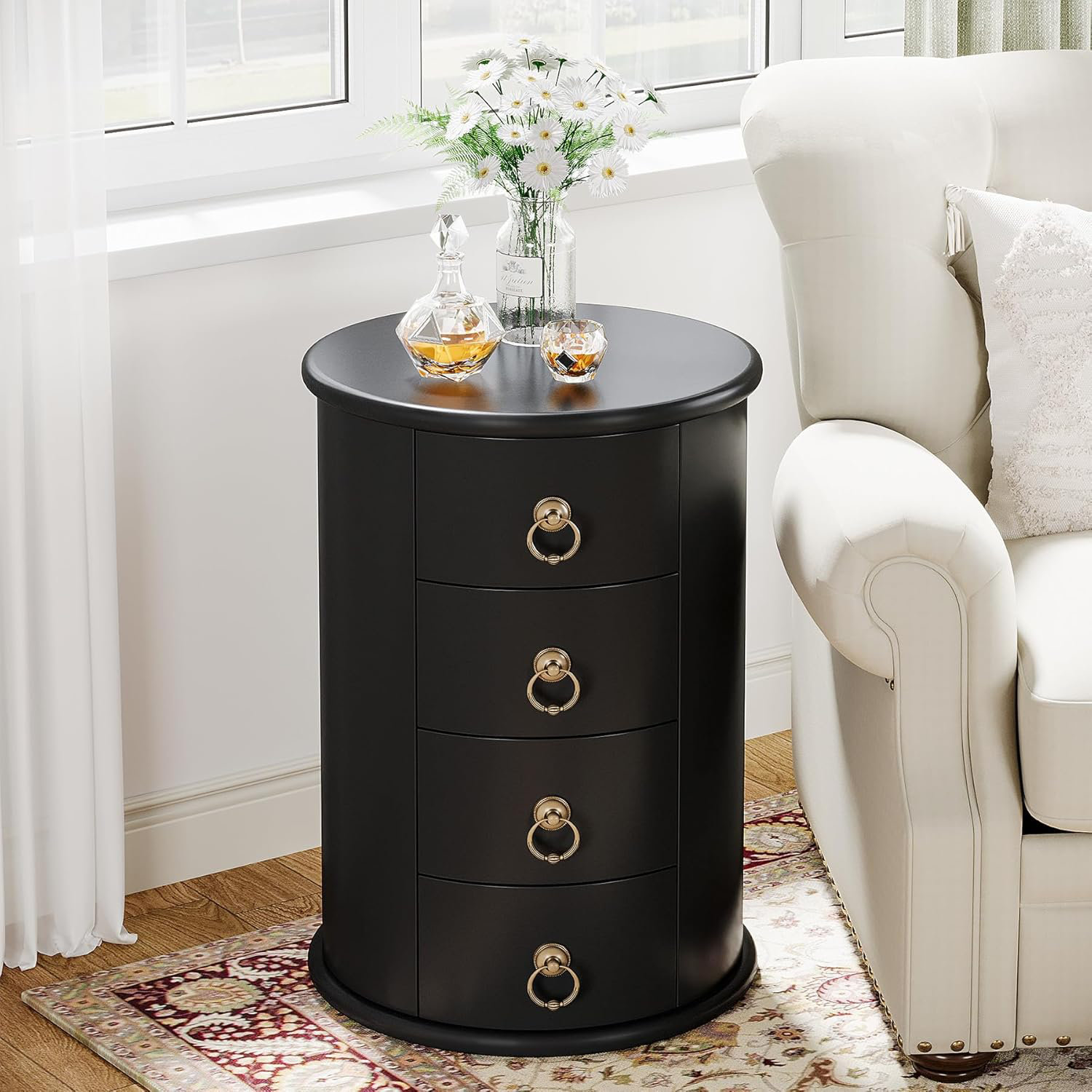 Canora Grey Solid Wood Round End Table With 4 Drawers, Vintage ...