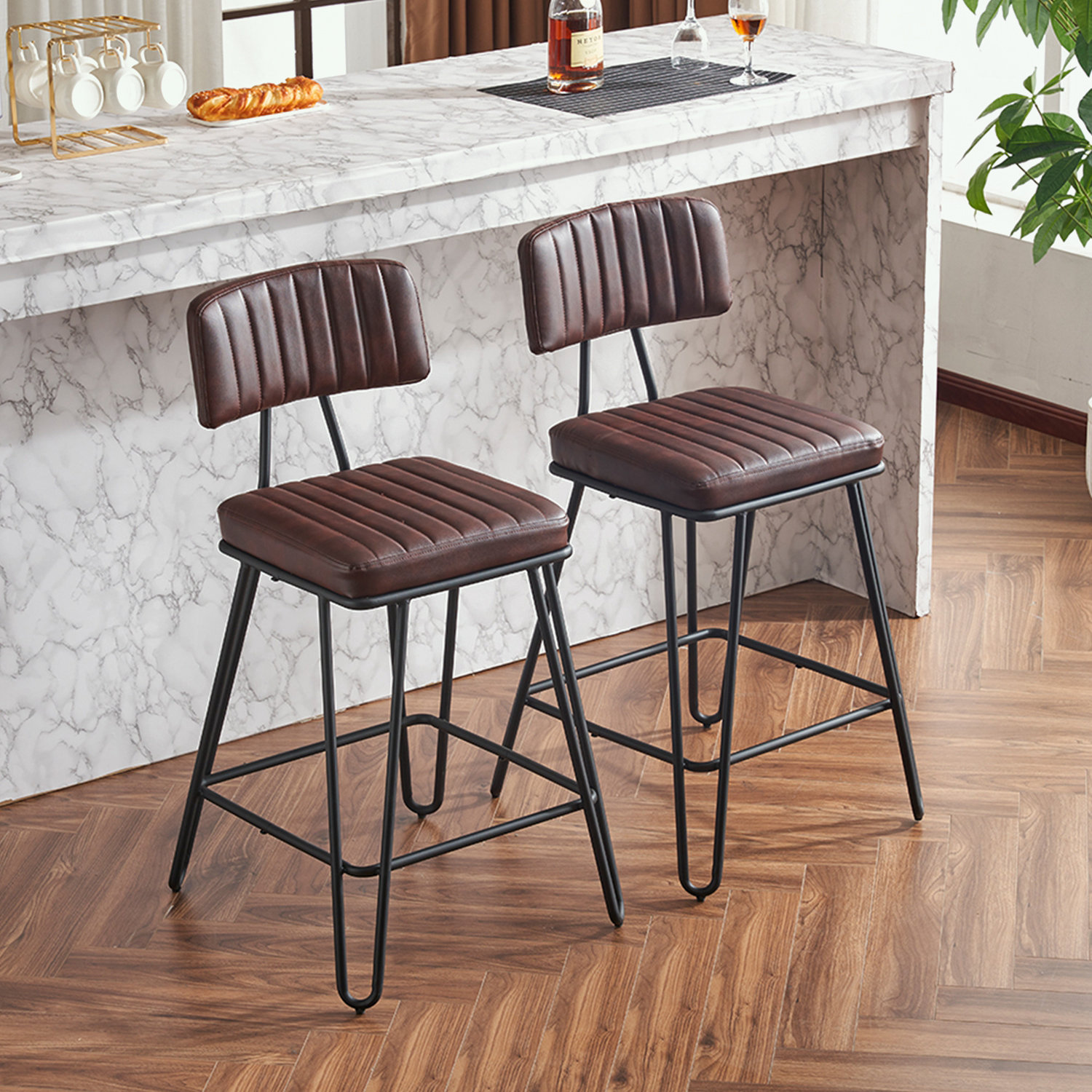 George Oliver Bar Stools Set of 2 with PU Leather Upholstery and Metal ...