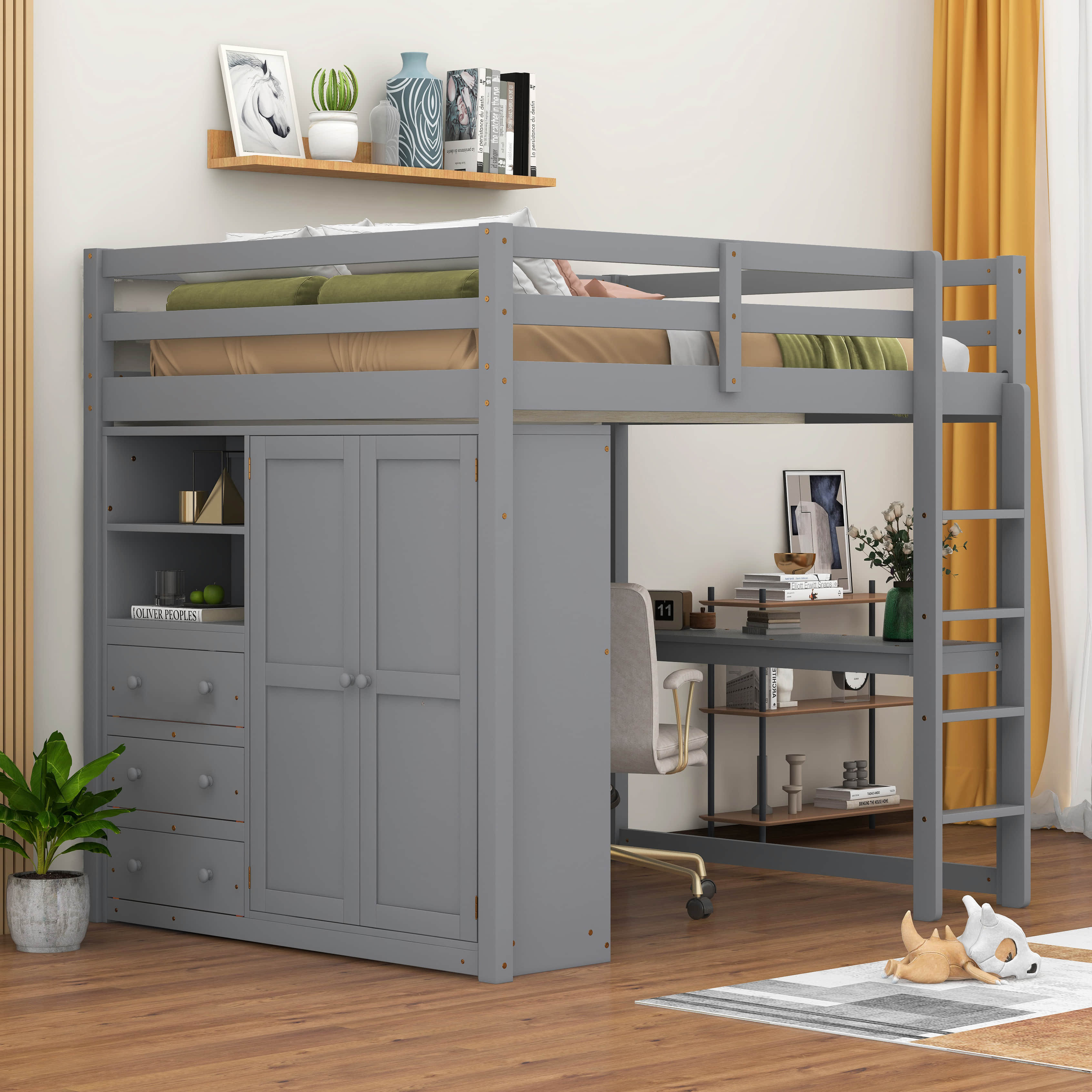 Harriet Bee Avoca Wood Full Size Loft Bed with Built-in Wardrobe, Desk ...
