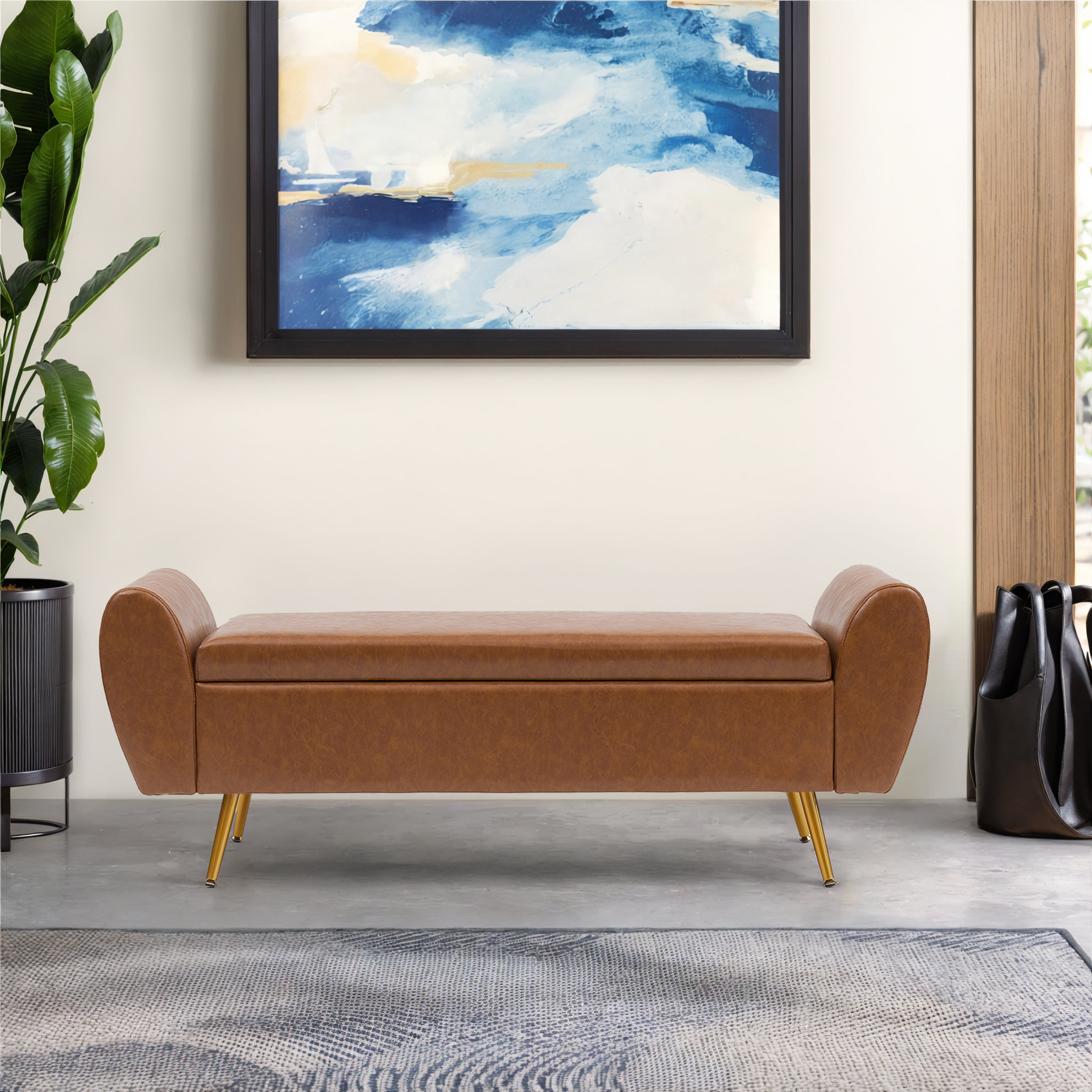 Mercer41 Shaneta 57"W Vegan Leather Upholstered Storage Bench with Arms ...