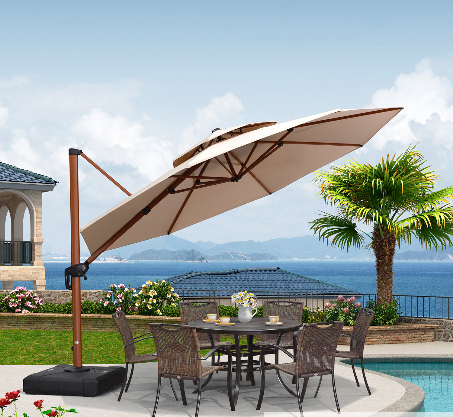 Latitude Run® Brimley 12' Round Wood Pattern Cantilever Umbrella ...