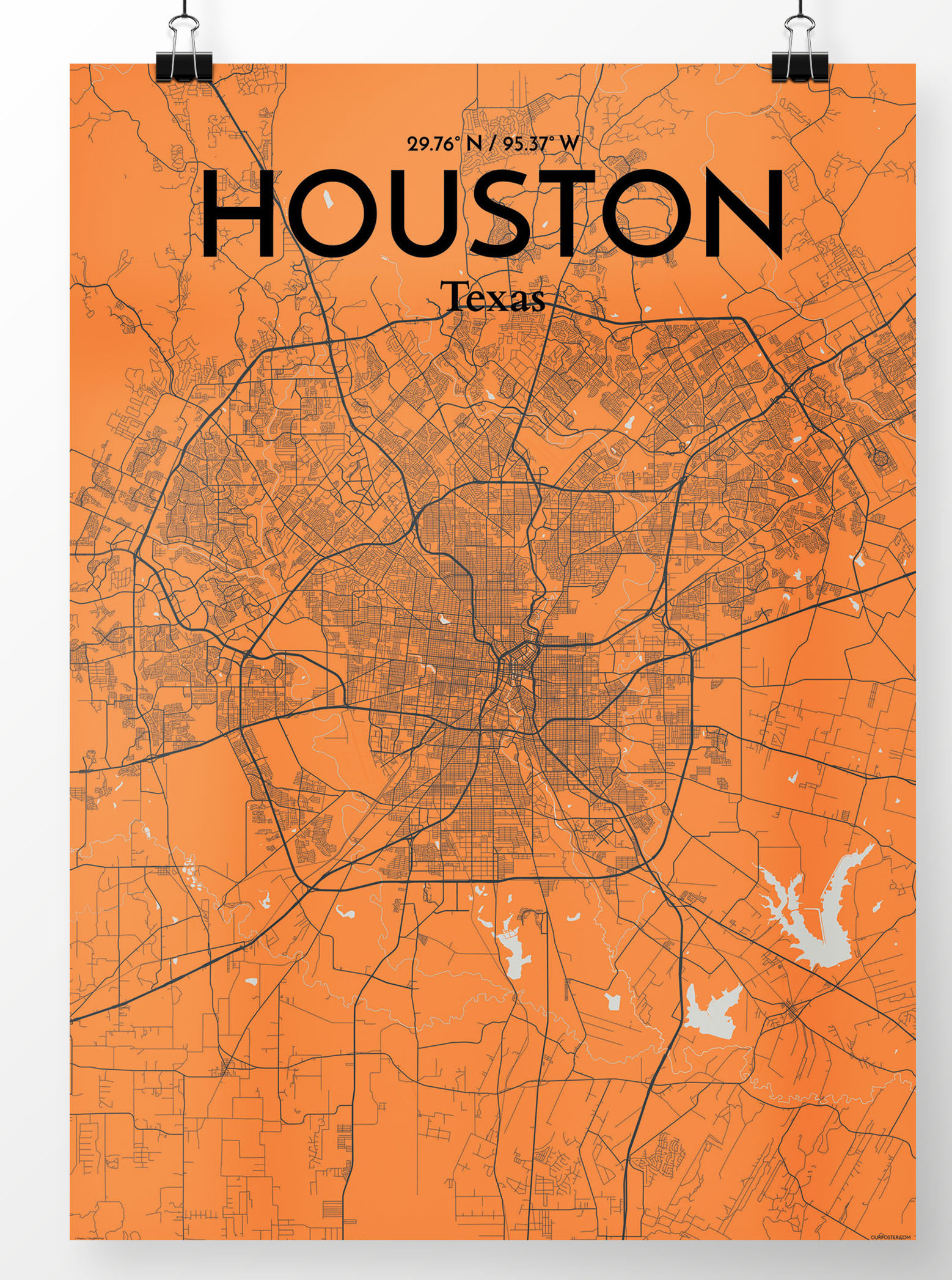 OurPoster.com 'Houston City Map' Graphic Art Print Poster in Orange ...