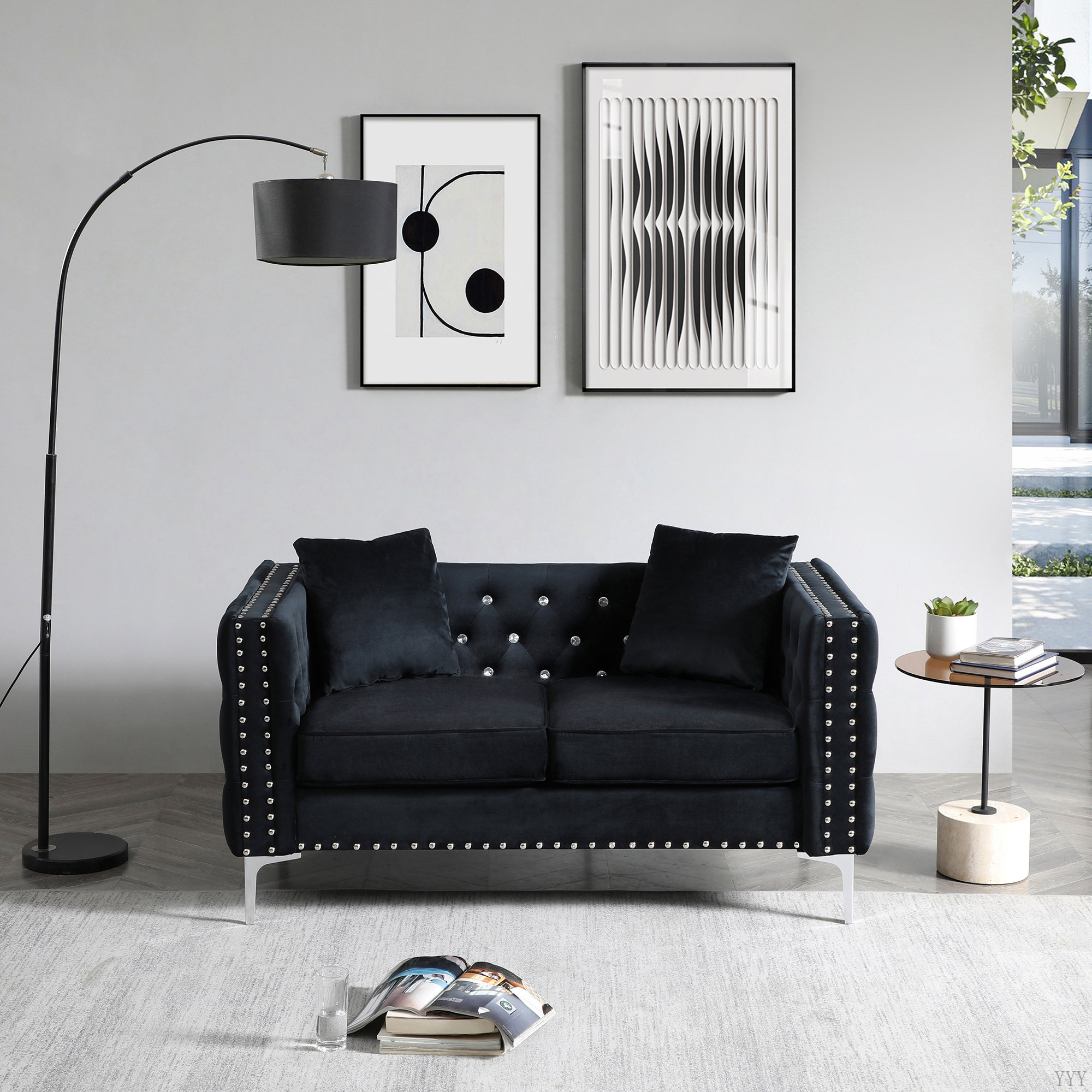Mercer41 59.4 Inch Wide Black Velvet Sofa With Jeweled Buttons,Square ...