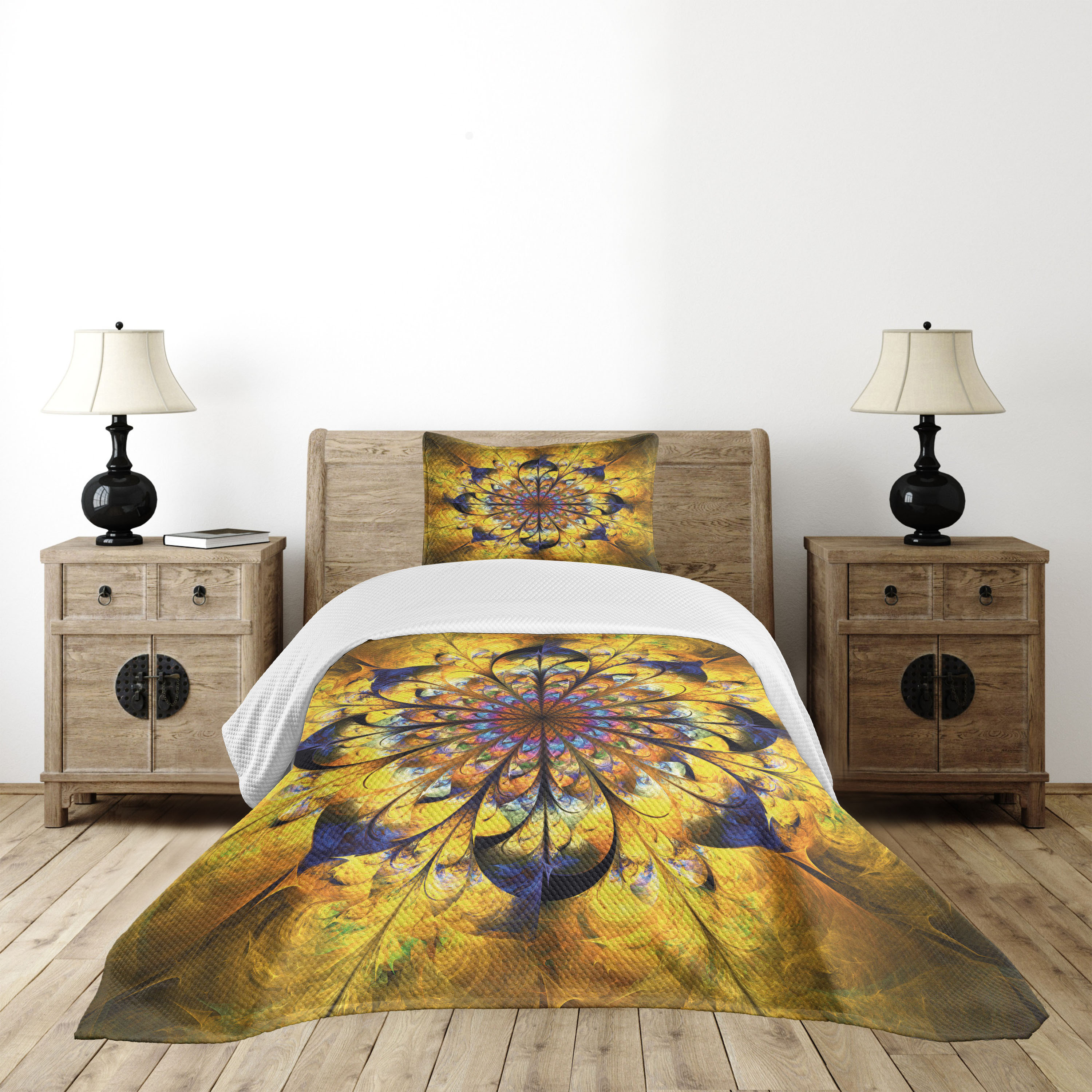 Ambesonne Yellow and Blue Bedspread Set Mandala Multicolor | Wayfair