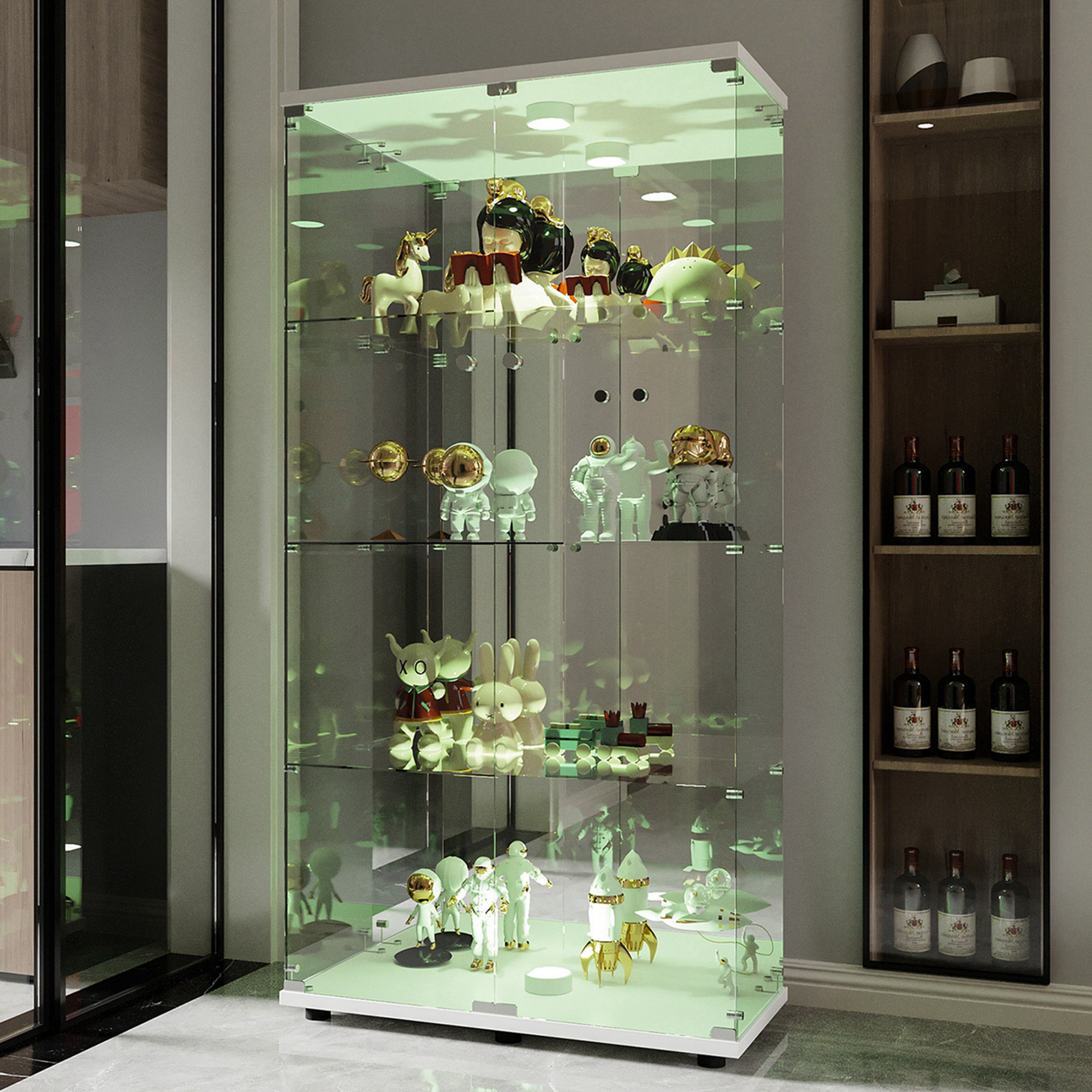 WDDH 4-Shelf Glass Display Cabinet With Mirror Back Panel, Glass ...