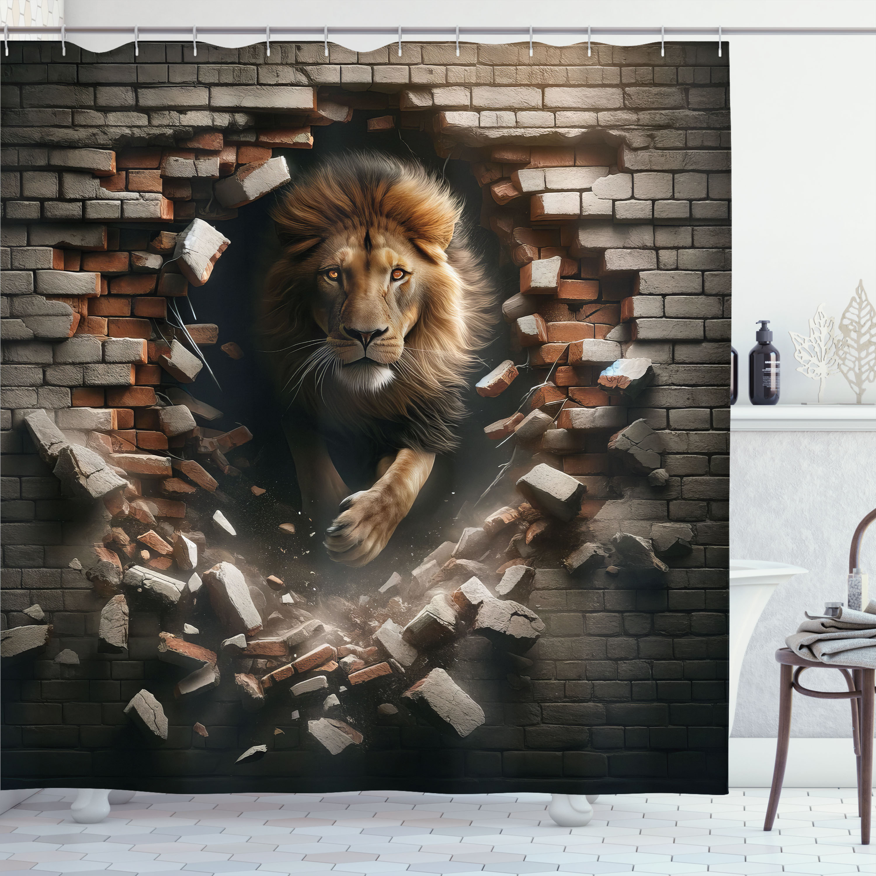 East Urban Home Lion Shower Curtain King Emerging from Brick Wall in ...