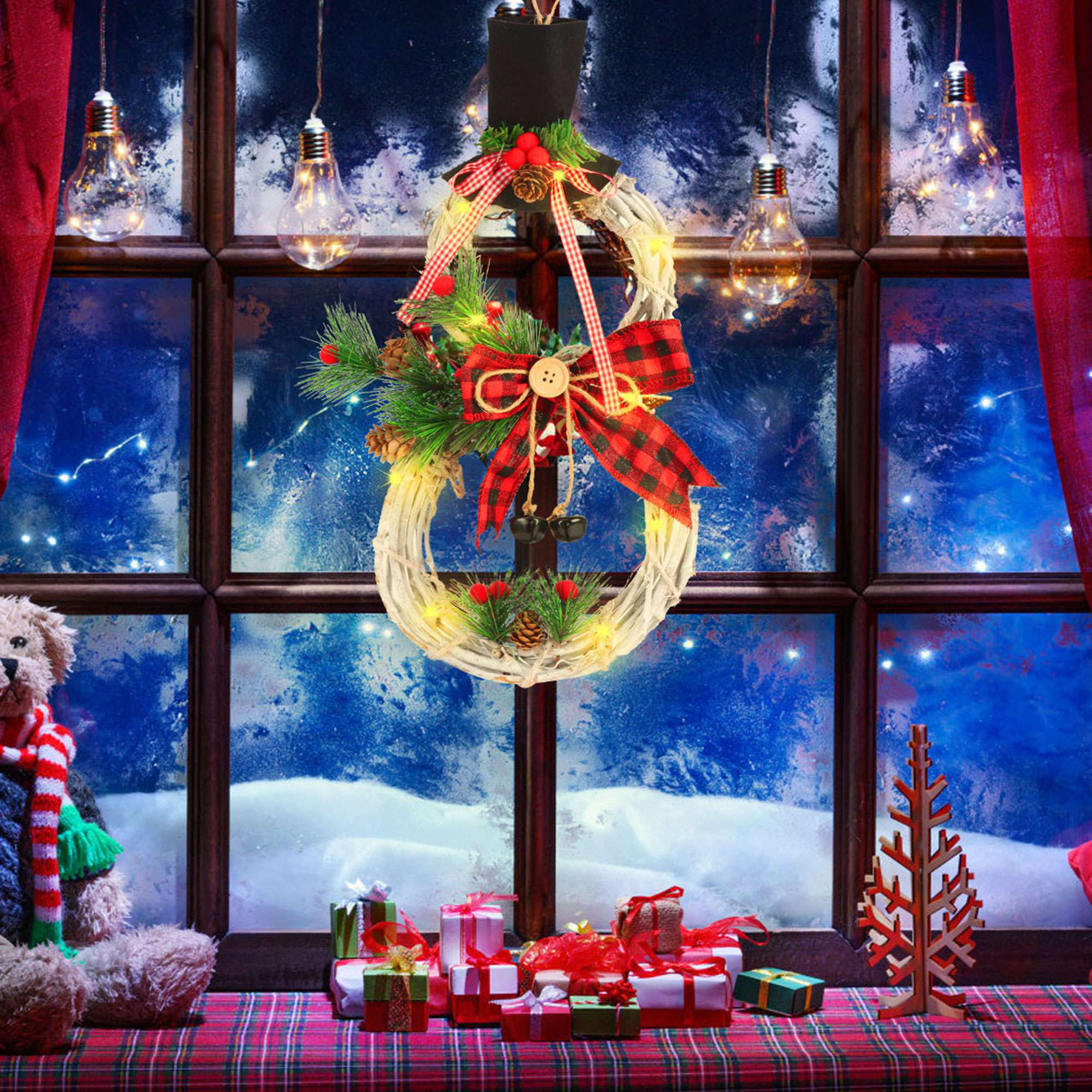 The Holiday Aisle® Christmas Decoration Lighted Snowman Wreath With Hat
