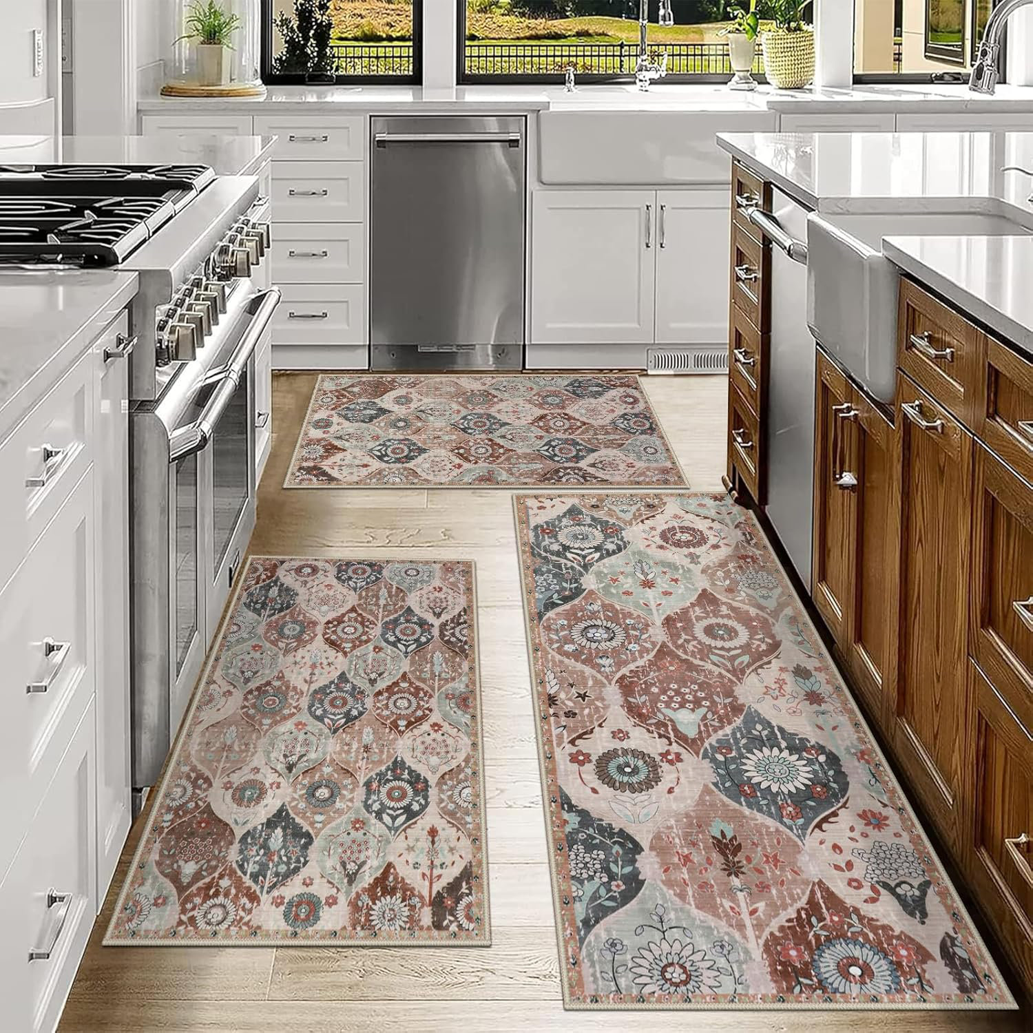 Lark Manor Sets of 3 Moroccan Trellis Kitchen Rug Non Slip Washable ...