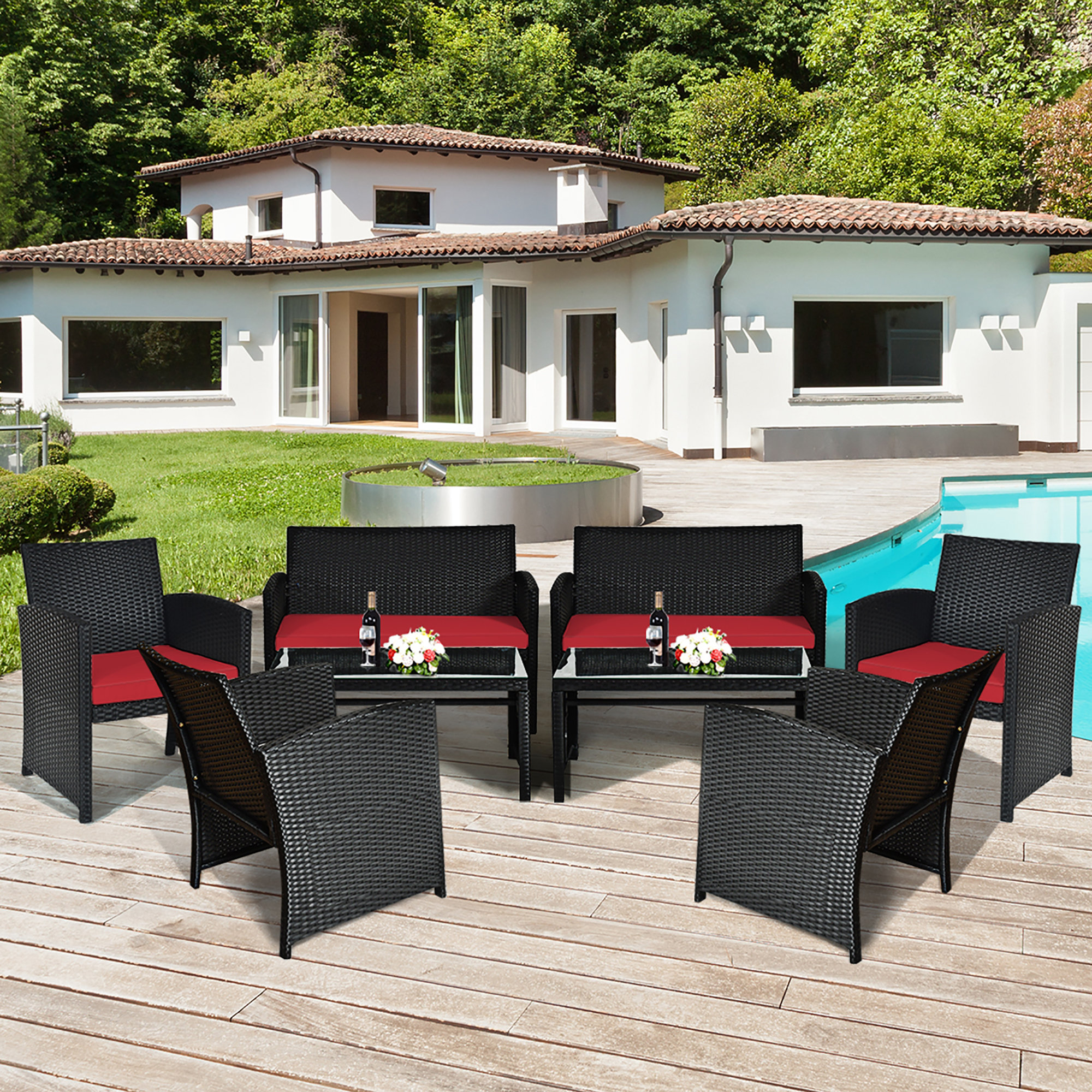 Red Barrel Studio® 8pcs Patio Rattan Furniture Conversation Set Cushion ...