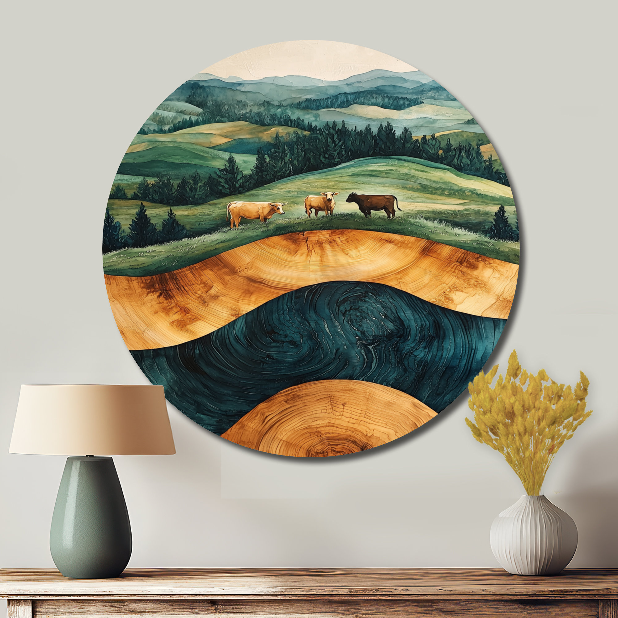 August Grove® Cows Into A Summer Field Landscape II - Cow Round Metal ...