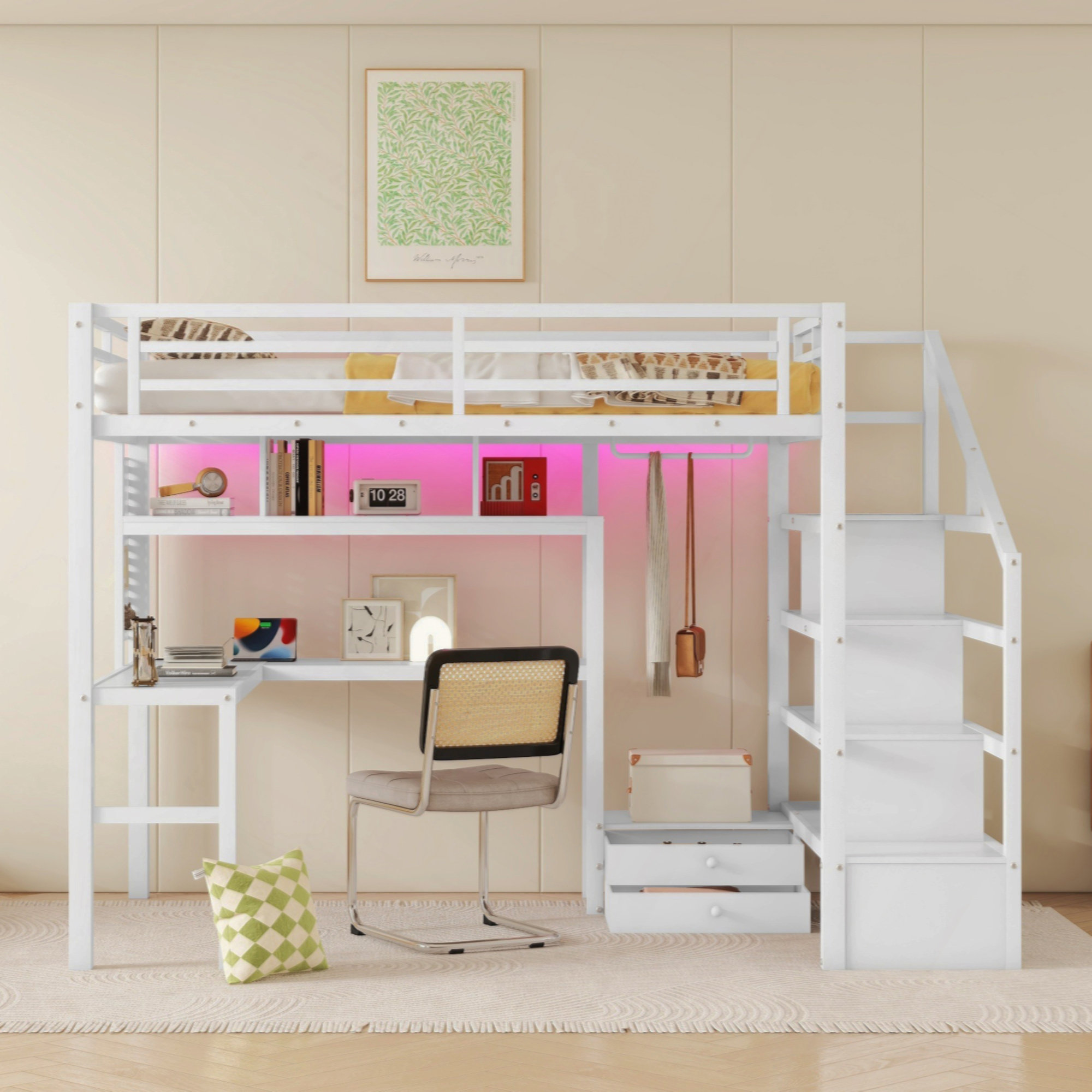 David Loft Bed With LED Light & Charge Station, Metal Loft Bed With Desk And Staircase, Loft Bed ...